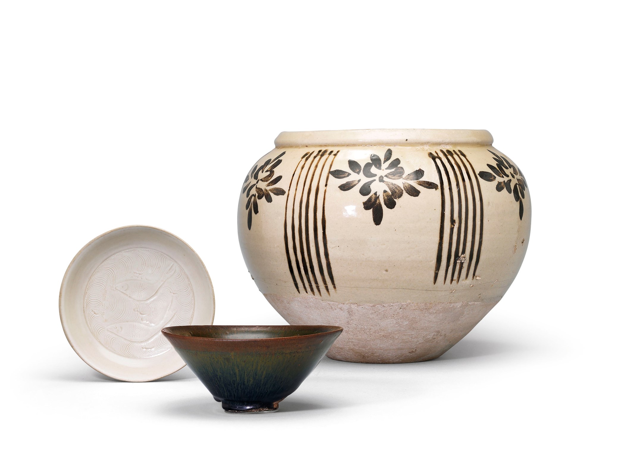 A JIAN TEA BOWL, A CIZHOU JAR, AND A DING-TYPE DISH, SONG DYNASTY OR ...