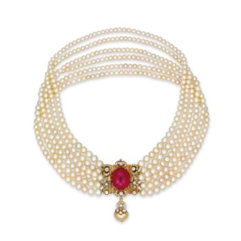 A SIX-STRAND NATURAL PEARL, RUBY AND DIAMOND NECKLACE | Christie's