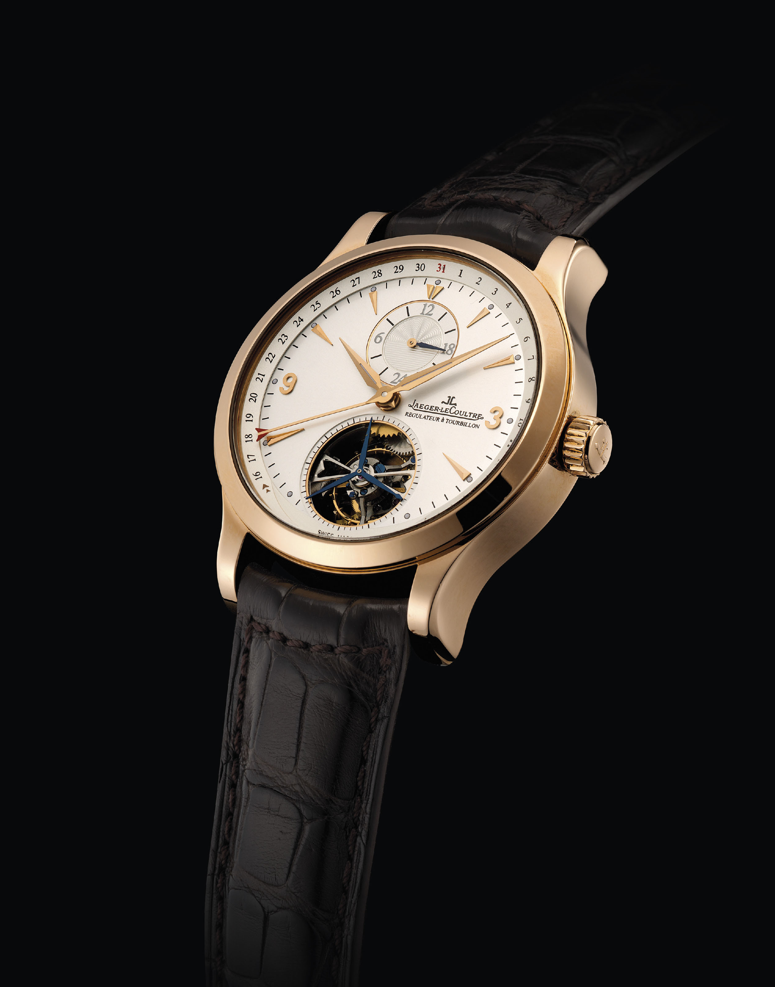 JAEGER-LECOULTRE. A FINE 18K PINK GOLD AUTOMATIC TOURBILLION DUAL TIME ...