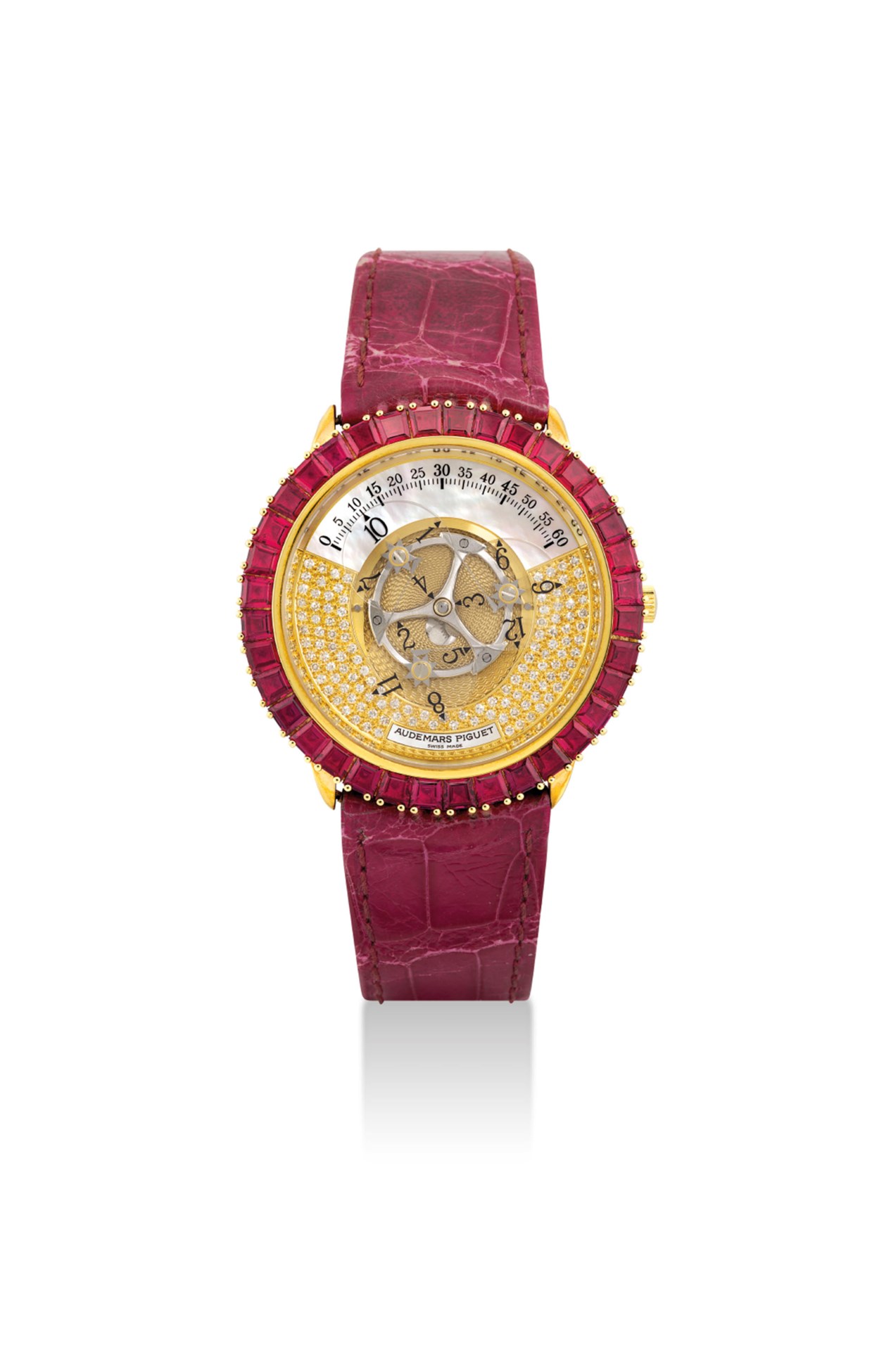 AUDEMARS PIGUET. A VERY FINE AND UNIQUE 18K GOLD, DIAMOND AND RUBY-SET ...
