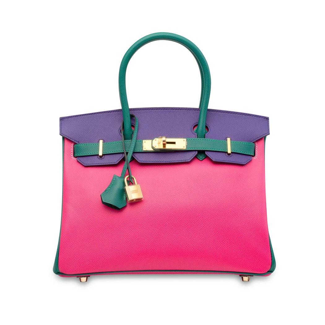 A CUSTOM ROSE TYRIEN, MALACHITE & IRIS EPSOM LEATHER TRI-COLOR BIRKIN ...