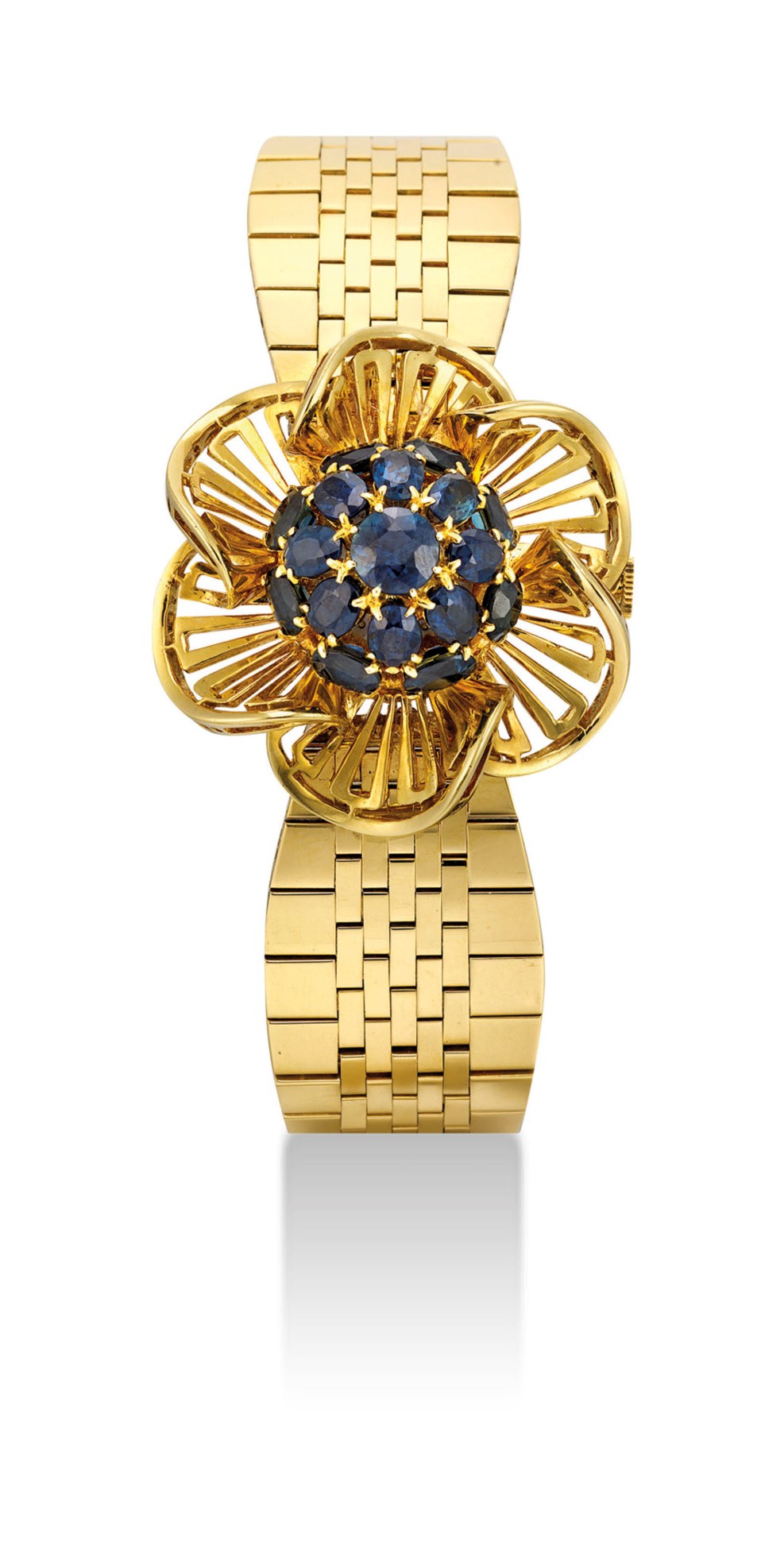 ROLEX. A LADY’S 18K GOLD AND SAPPHIRE-SET FLOWER-SHAPED WRISTWATCH WITH ...