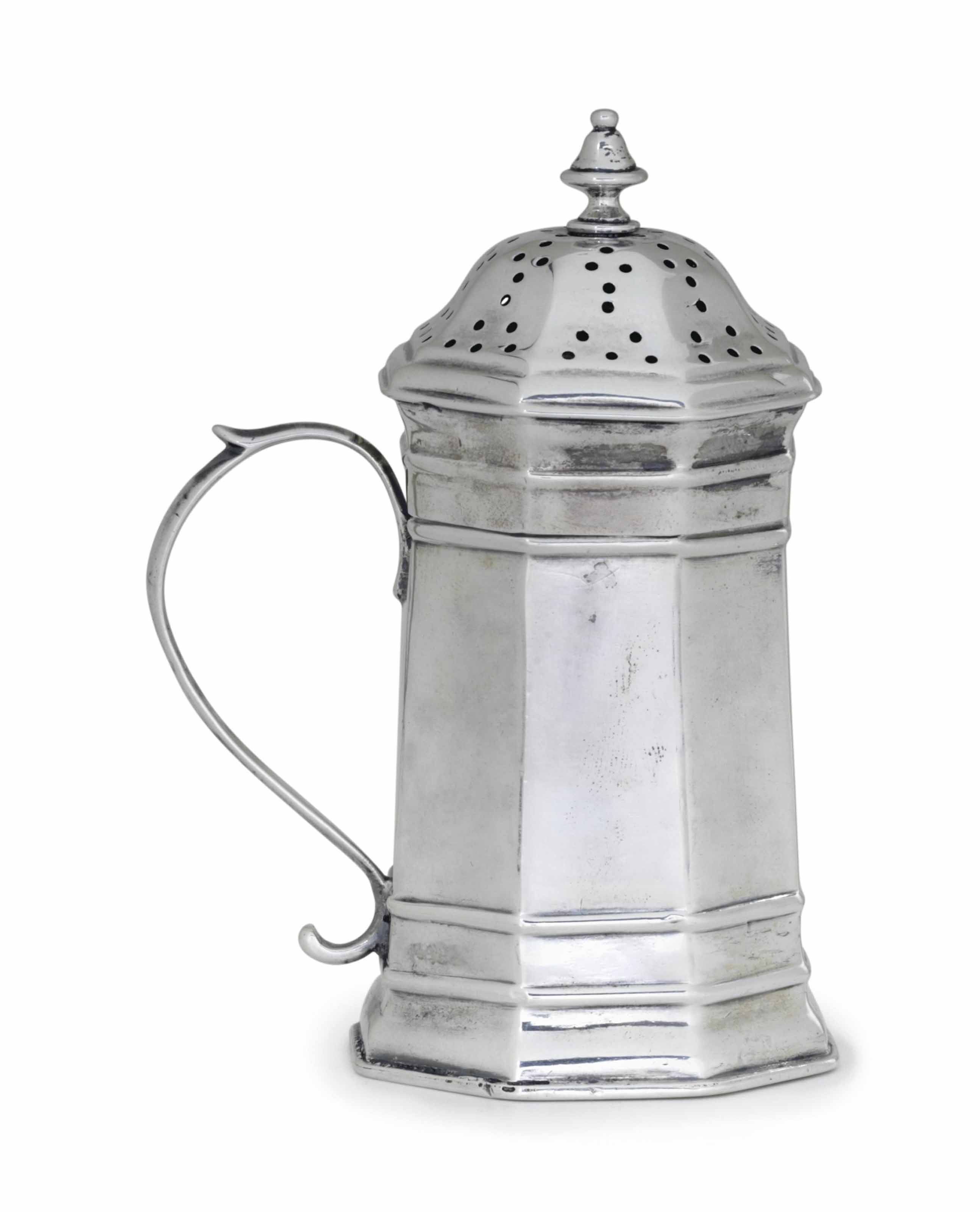 A SILVER OCTAGONAL PEPPER BOX