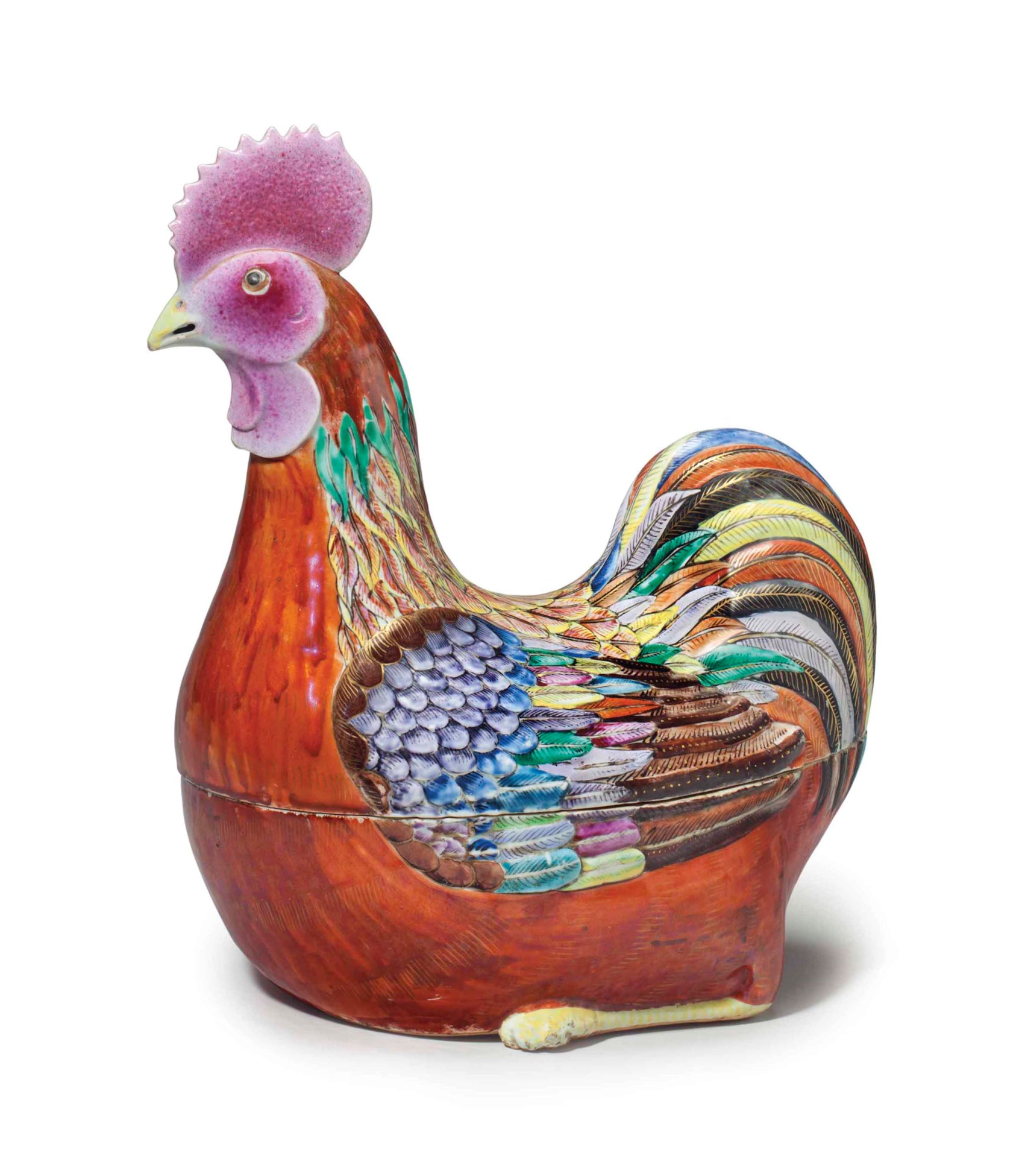 A FAMILLE ROSE ROOSTER TUREEN AND COVER