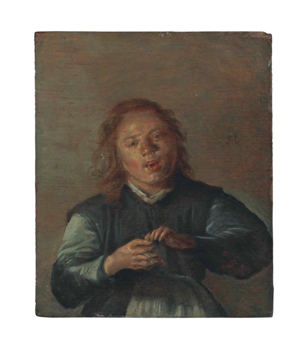Dirck Hals (Haarlem 1591-1656), A boy singing and playing the clapper ...