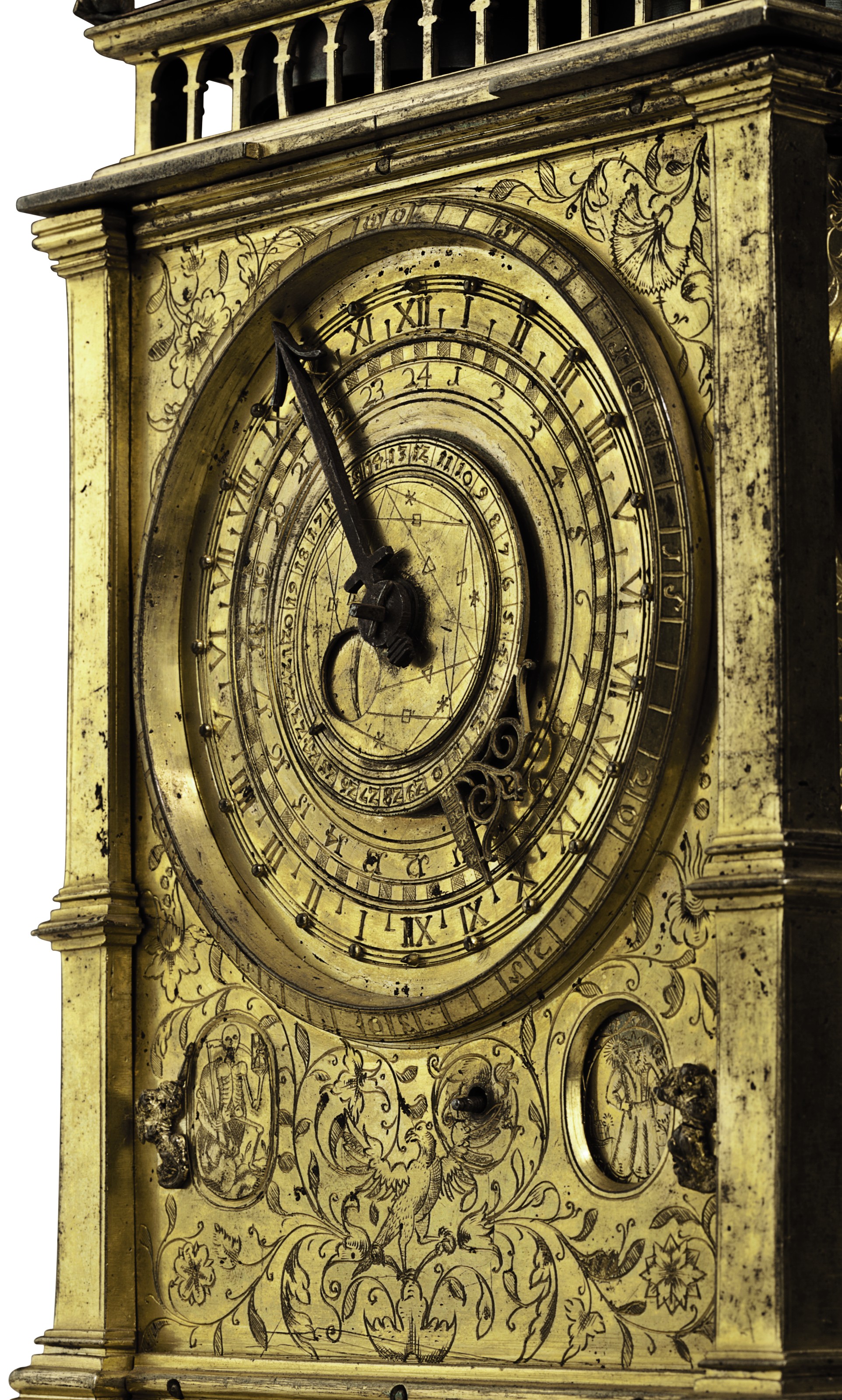 A SOUTH-GERMAN ENGRAVED GILT-BRASS QUARTER-STRIKING AND ASTROLOGICAL ...