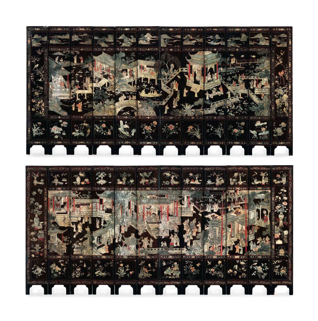 A RARE TWELVE-PANEL CARVED LACQUER SCREEN, KANGXI PERIOD (1662-1722 ...