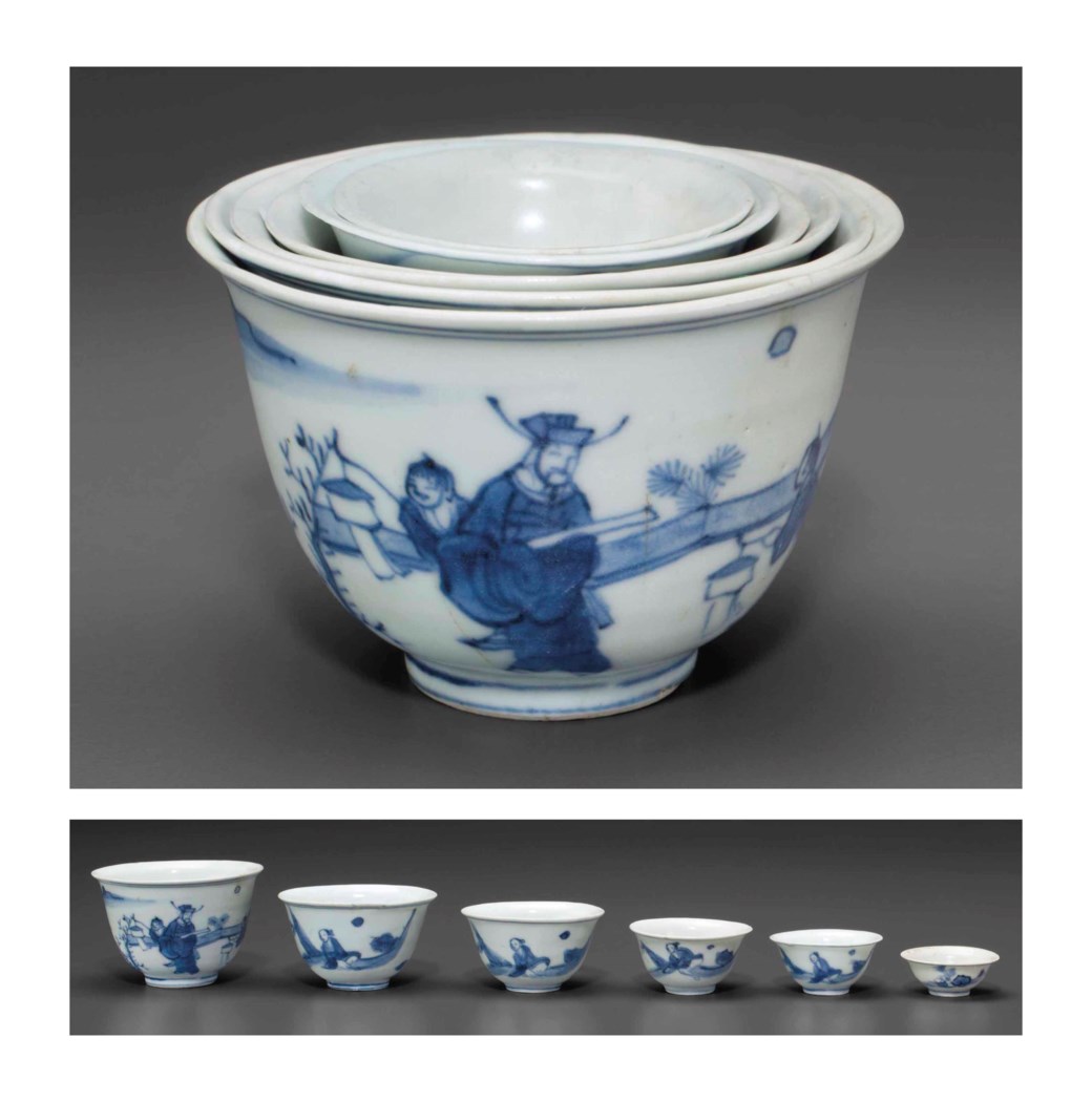 A SET OF SIX BLUE AND WHITE NESTING CUPS, CHONGZHEN PERIOD, CIRCA 1643 ...