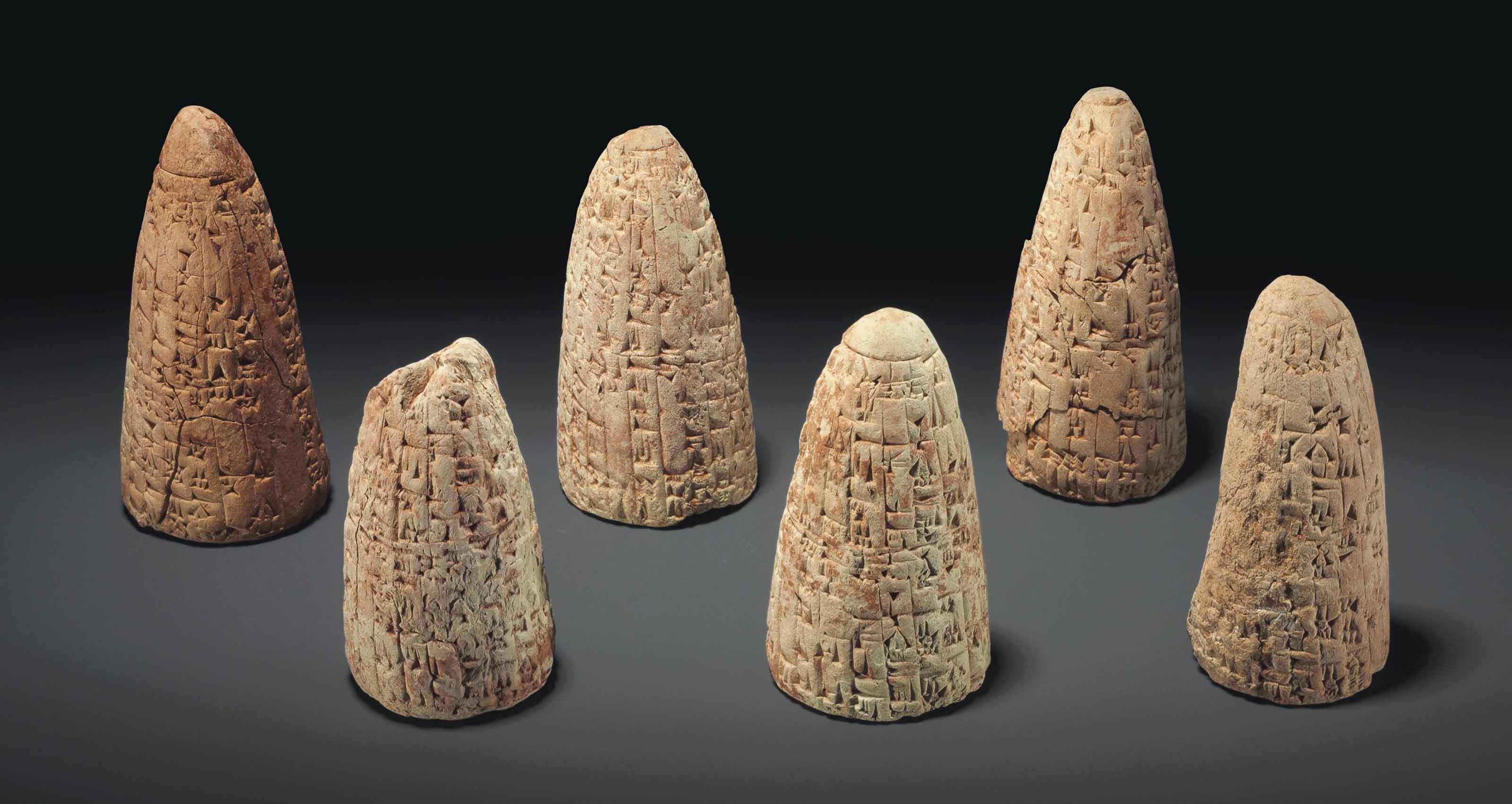 SIX OLD BABYLONIAN CLAY FOUNDATION CONES