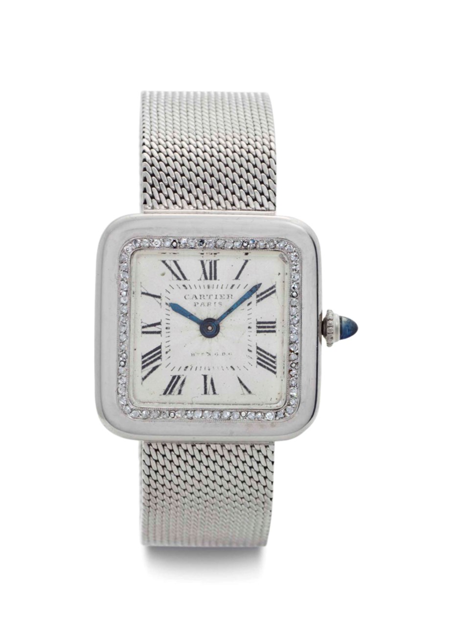 Cartier. A Rare Platinum and Diamond-set Square-shaped Wristwatch ...