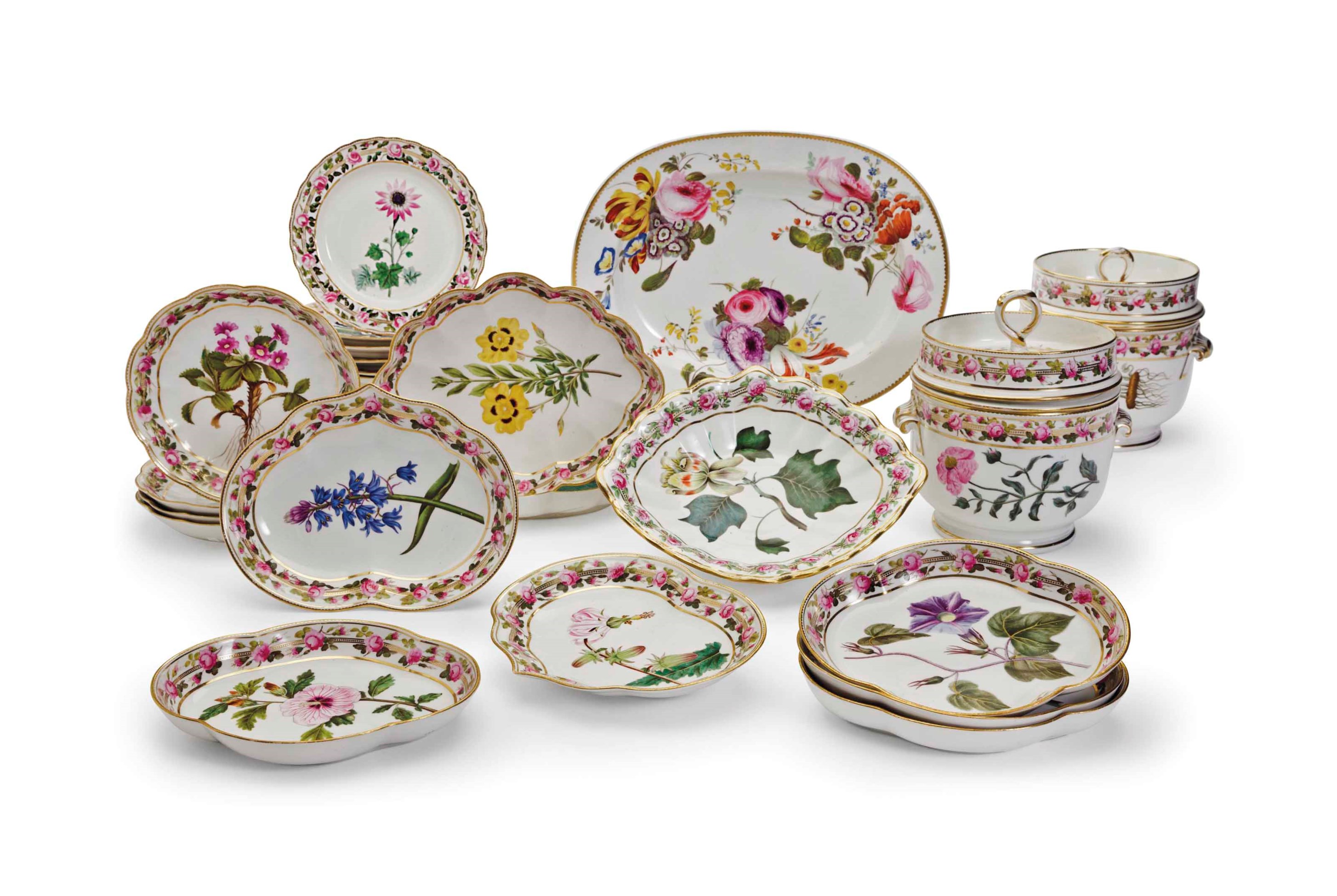 A DERBY PORCELAIN BOTANICAL PART DESSERT SERVICE, CIRCA 1784-1810, BLUE ...
