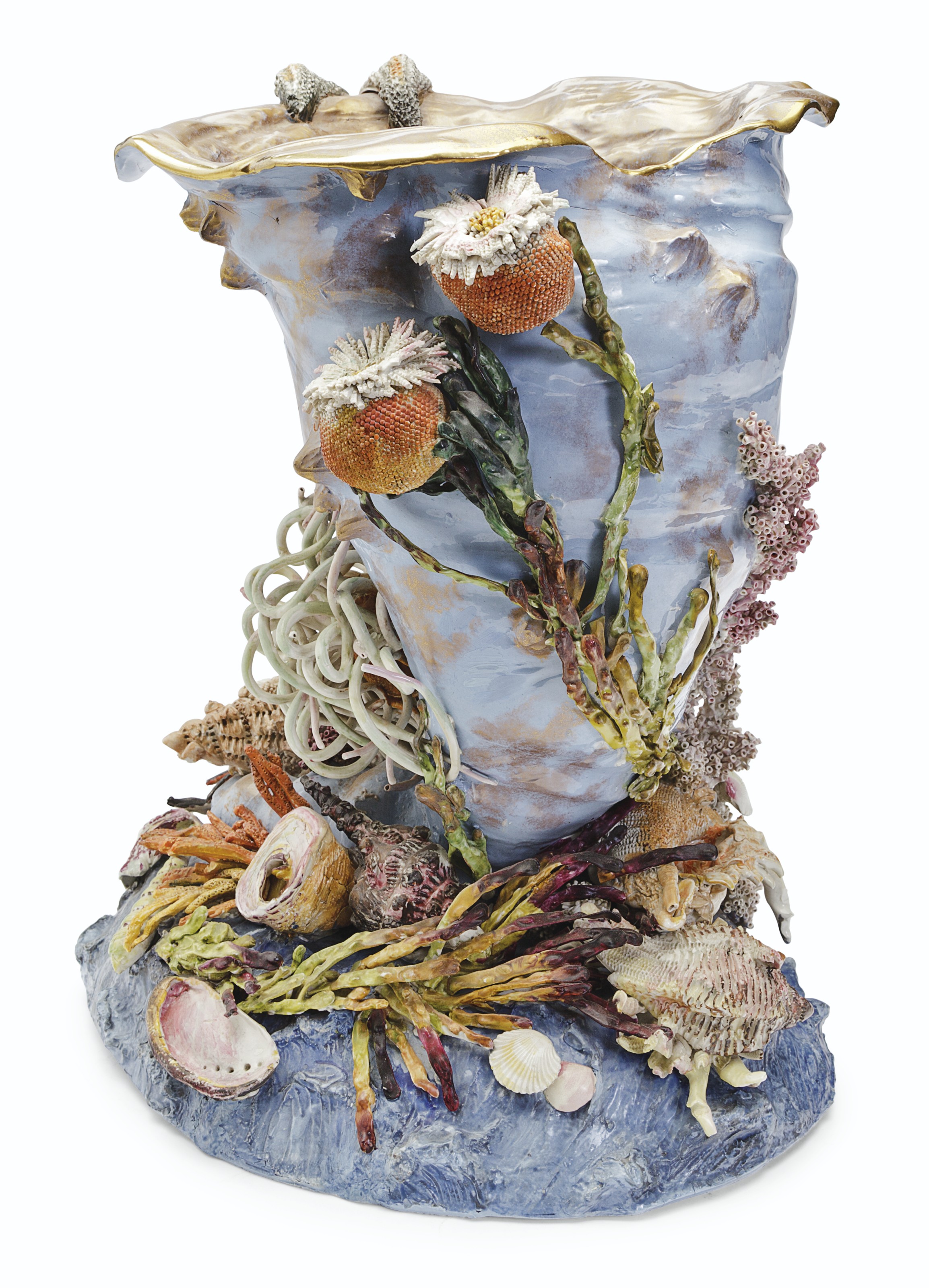 A LARGE ENGLISH (PINDER, BOURNE & CO.) POTTERY BLUE-GROUND SHELL-FORM VASE