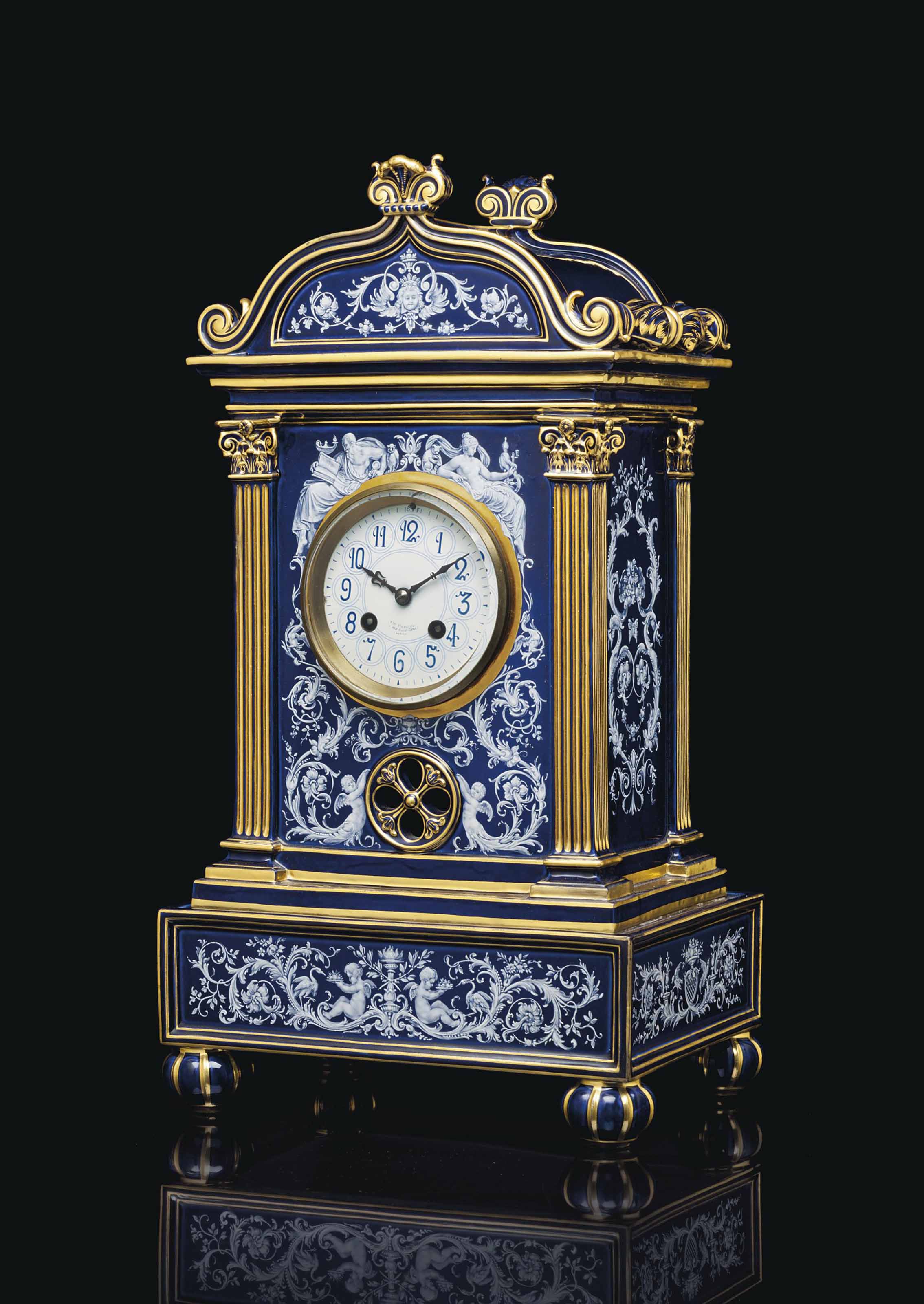 A MEISSEN PORCELAIN COBALT-BLUE GROUND ENAMELED MANTEL CLOCK
