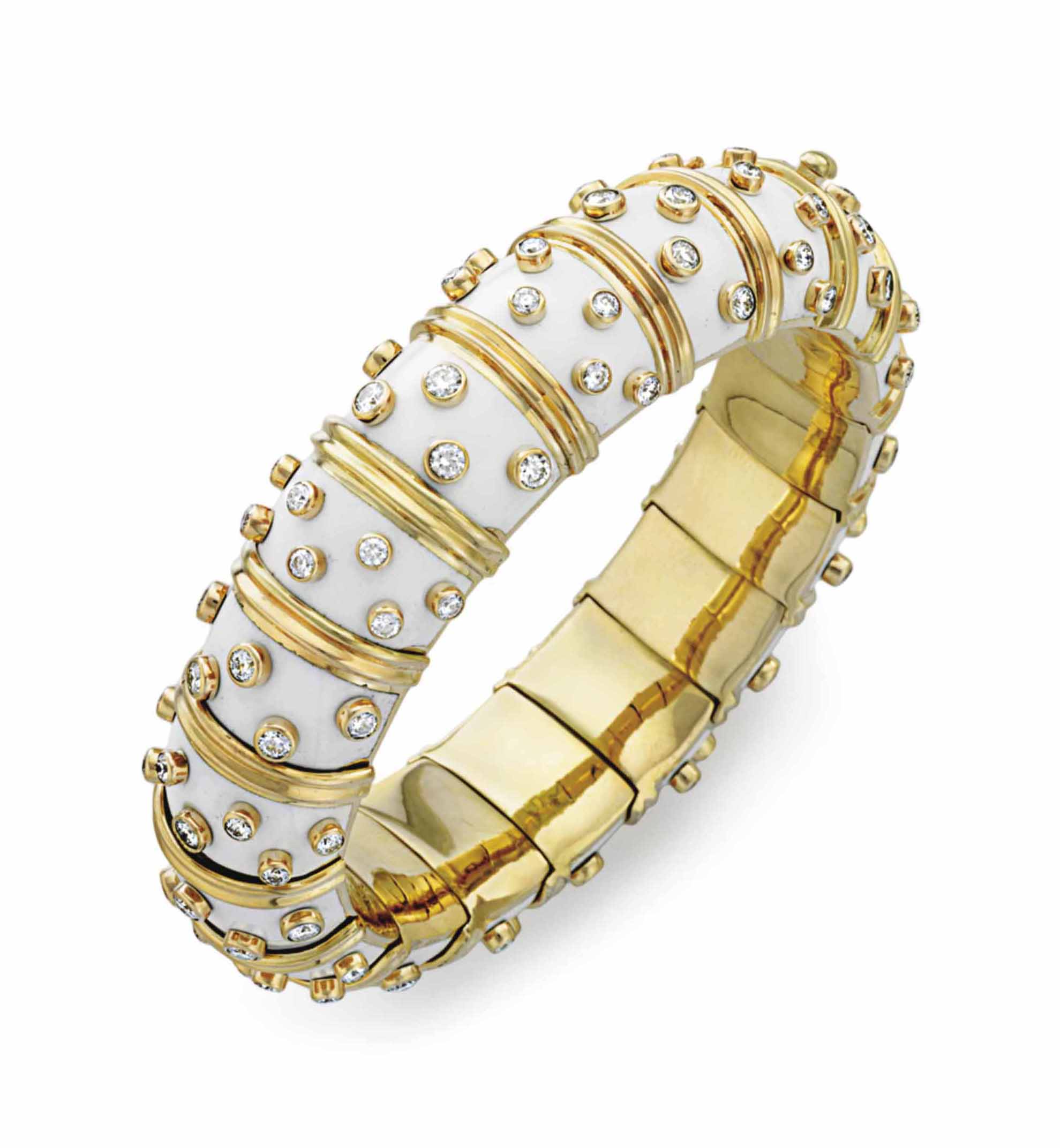 A DIAMOND AND WHITE ENAMEL BANGLE BRACELET, BY JEAN SCHLUMBERGER ...