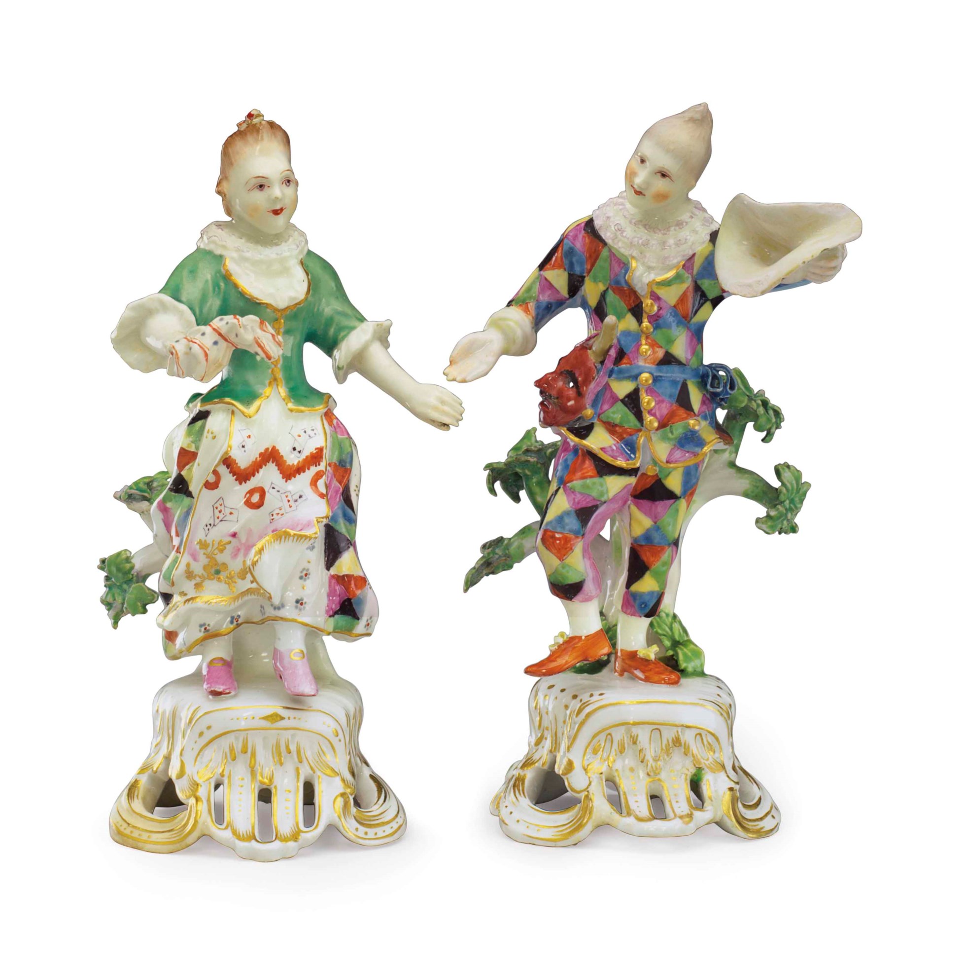 A PAIR OF BOW PORCELAIN COMMEDIA DELL'ARTE FIGURES OF HARLEQUIN AND ...