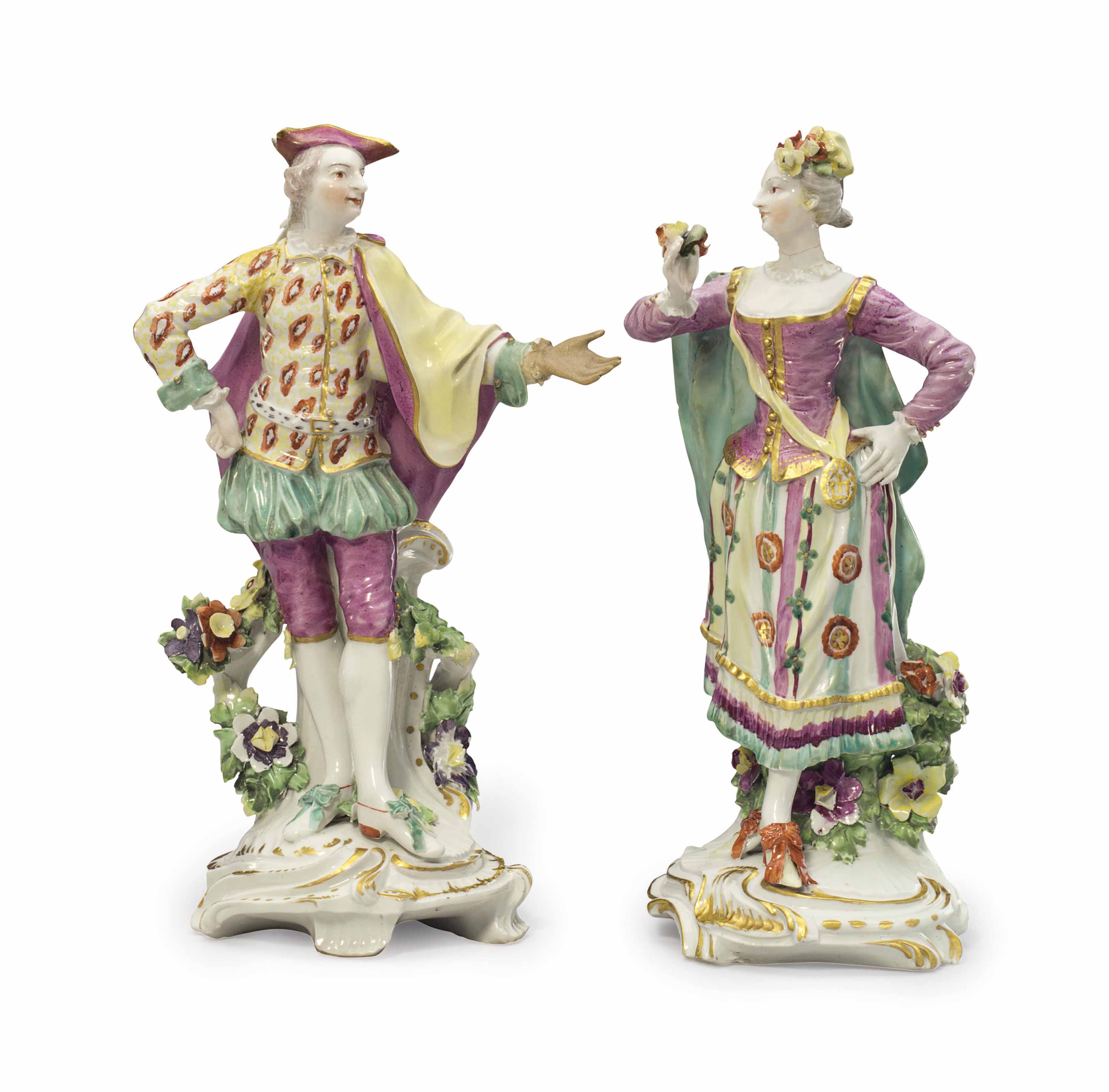 A PAIR OF BOW PORCELAIN COMMEDIA DELL'ARTE FIGURES OF HARLEQUIN AND ...
