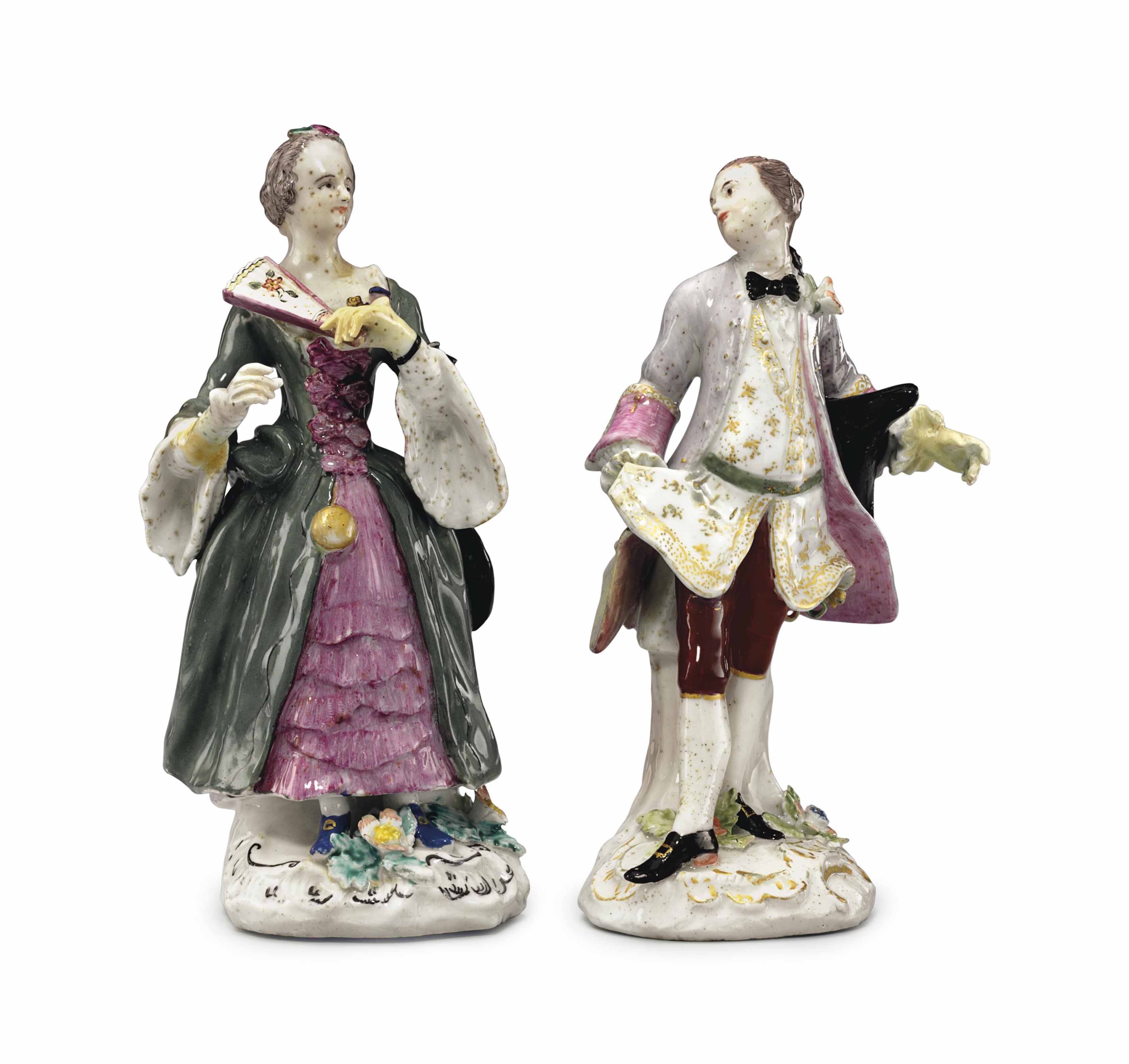 A PAIR OF BOW PORCELAIN COMMEDIA DELL'ARTE FIGURES OF HARLEQUIN AND ...