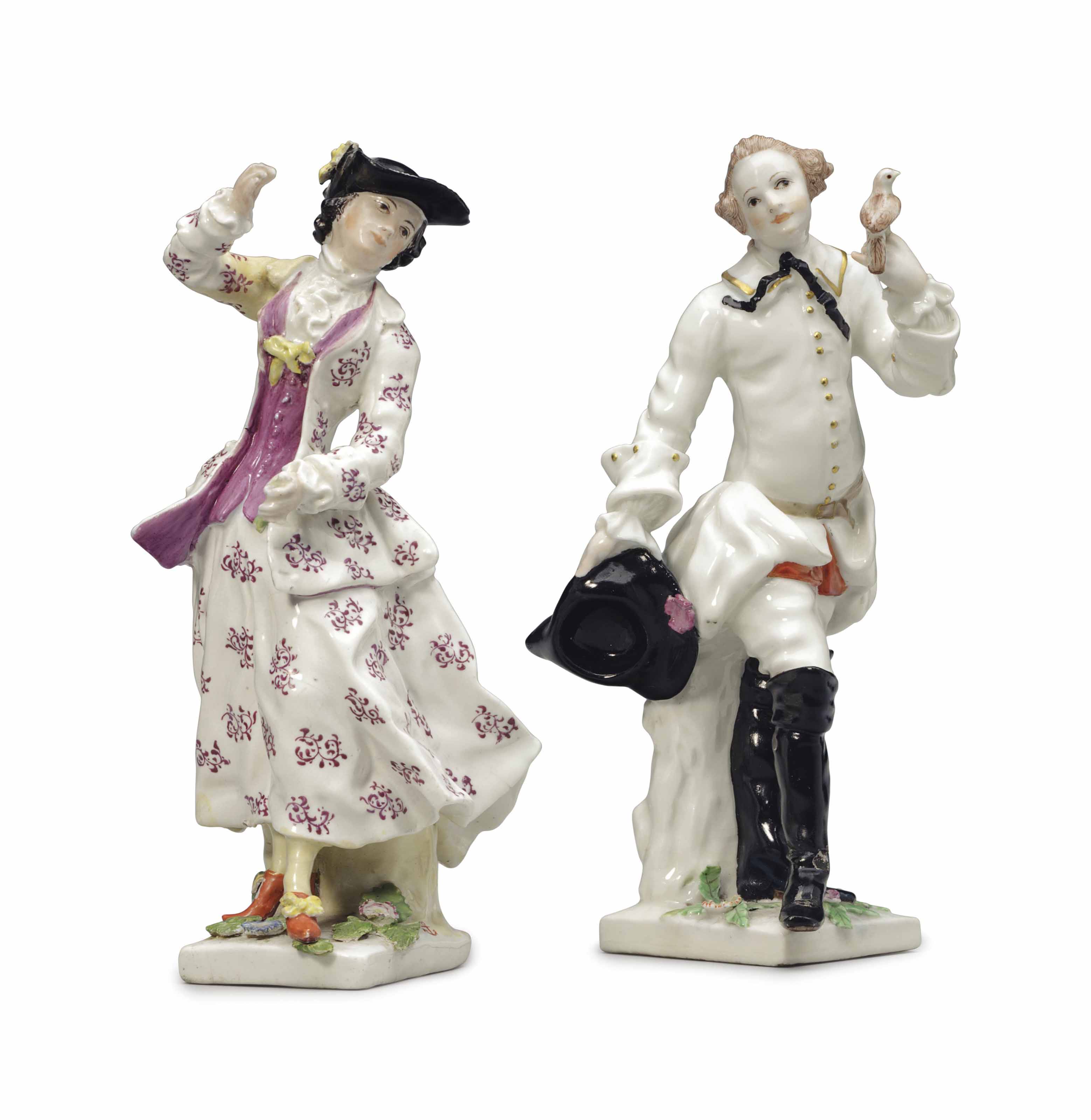 A PAIR OF BOW PORCELAIN COMMEDIA DELL'ARTE FIGURES OF HARLEQUIN AND ...