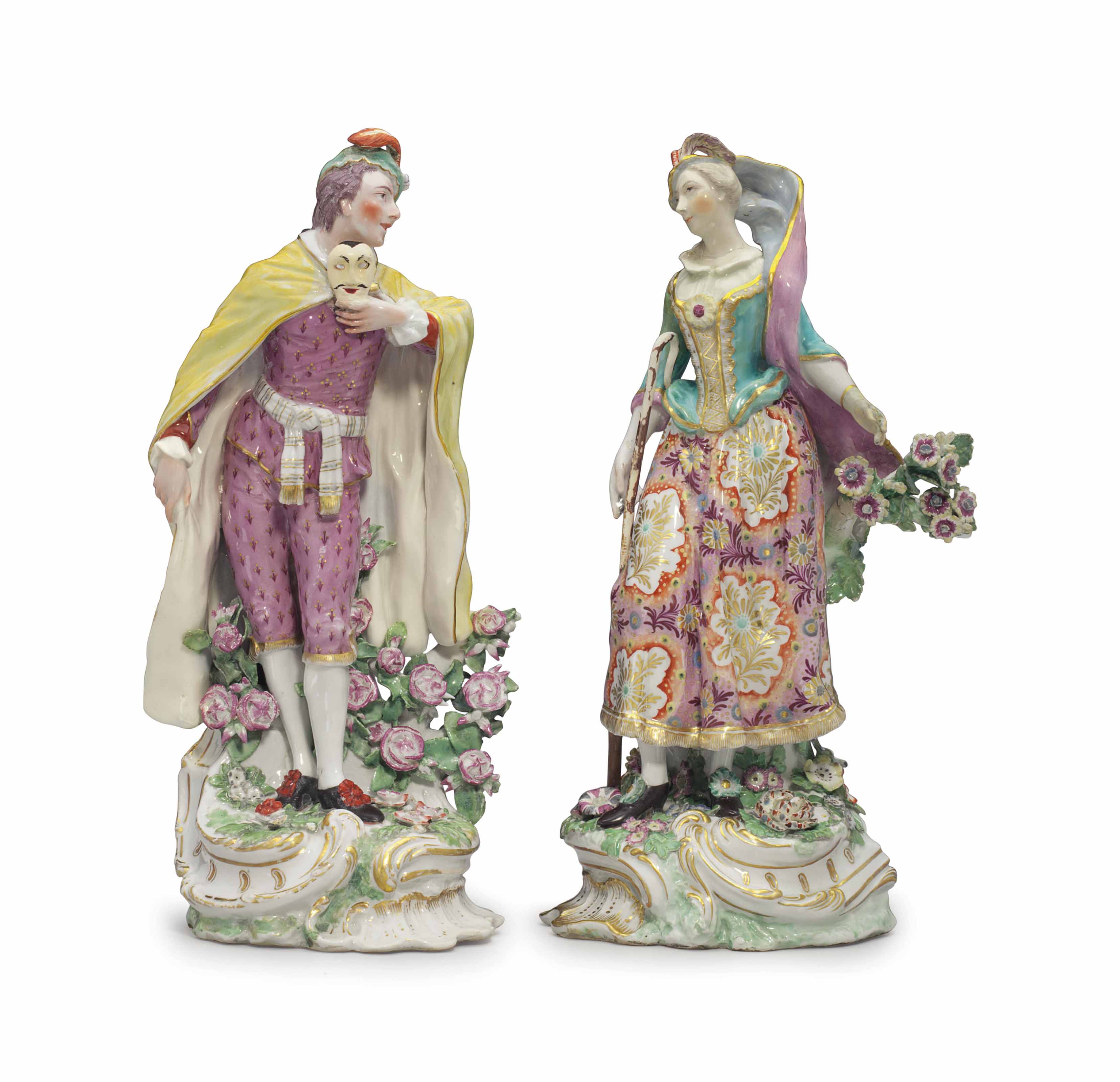 A PAIR OF BOW PORCELAIN COMMEDIA DELL'ARTE FIGURES OF HARLEQUIN AND ...