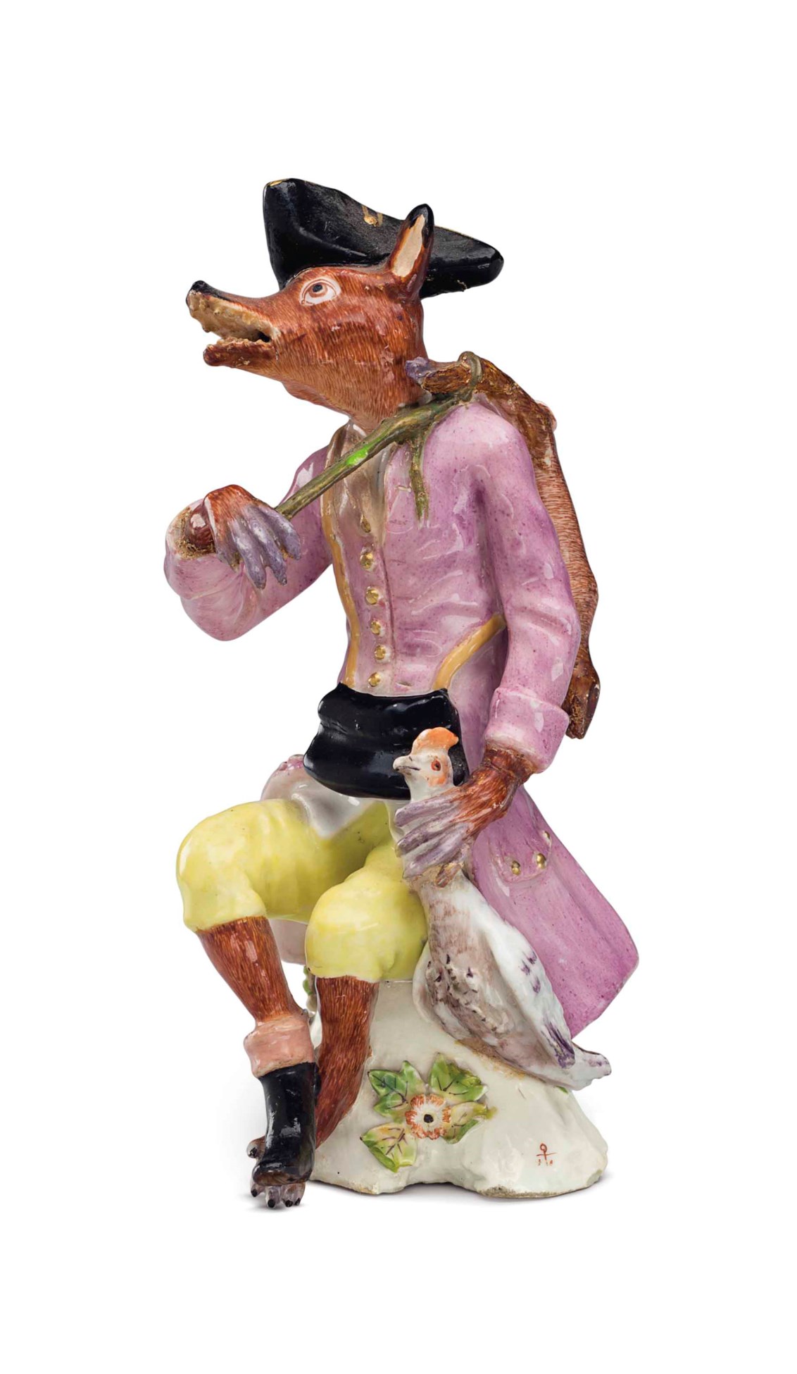 A CHELSEA PORCELAIN FABLE FIGURE OF A FOX WITH GAME, CIRCA 1755, RED ...