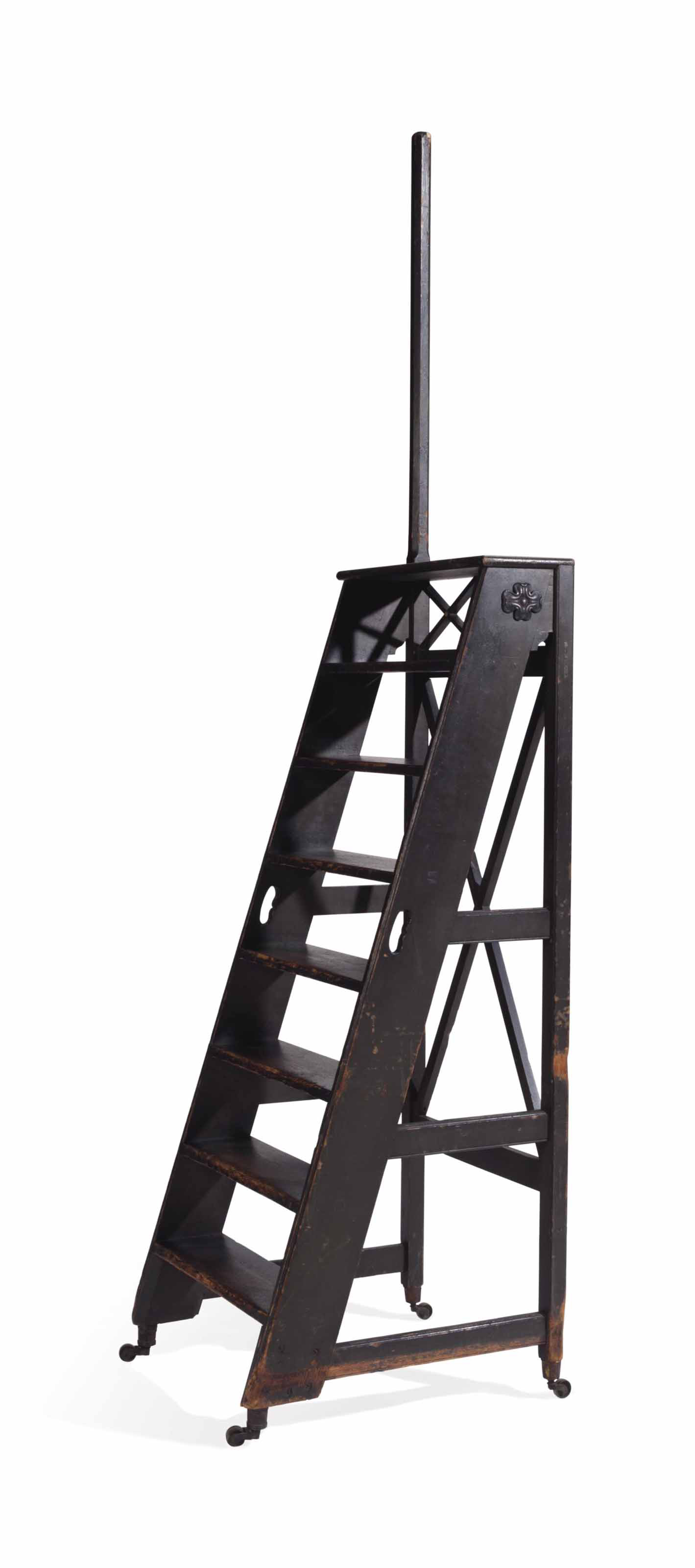 A VICTORIAN BLACK-PAINTED LIBRARY LADDER
