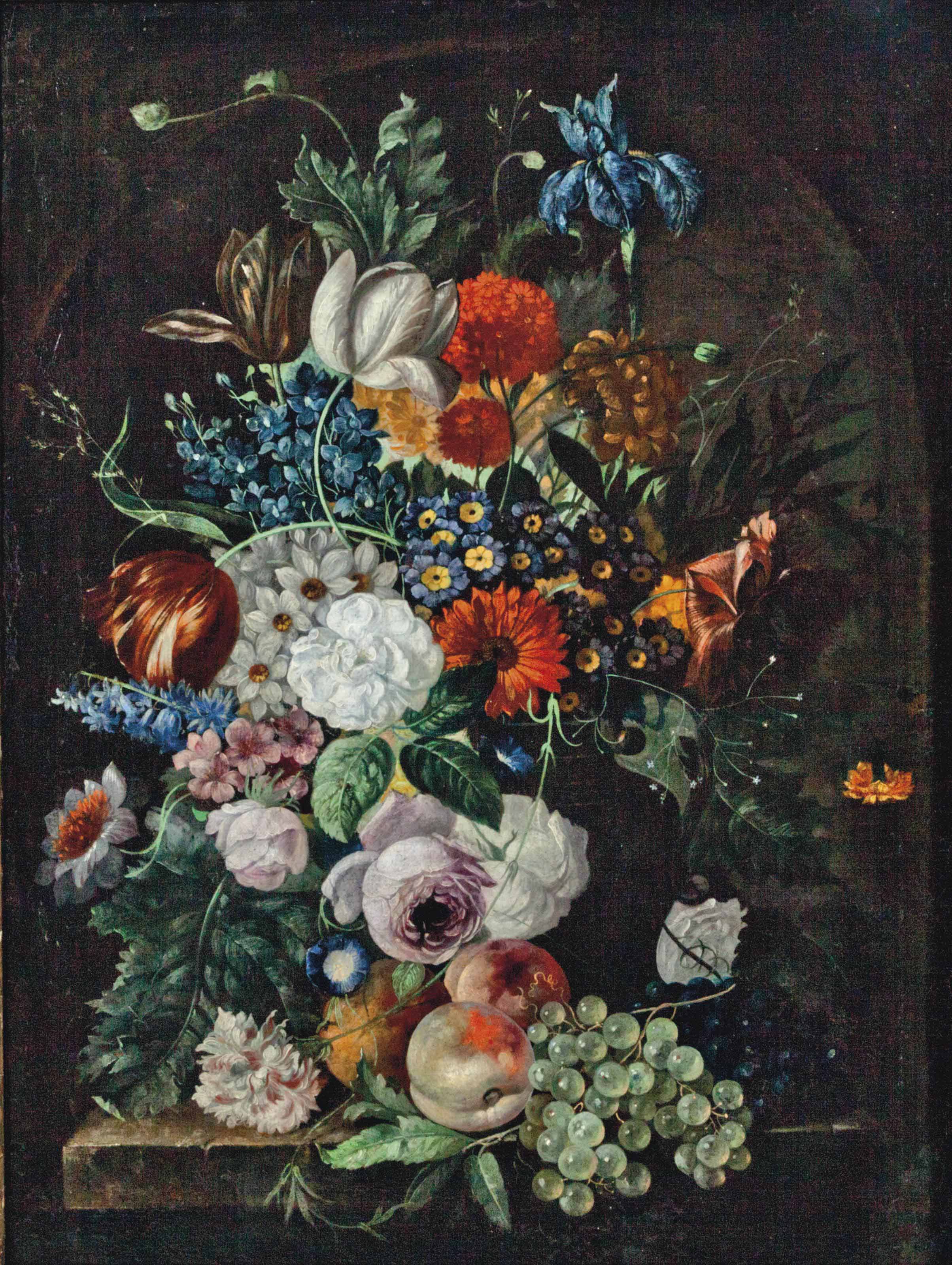 Manner of Johann Baptist Drechsler , Roses and other flowers in a stone ...