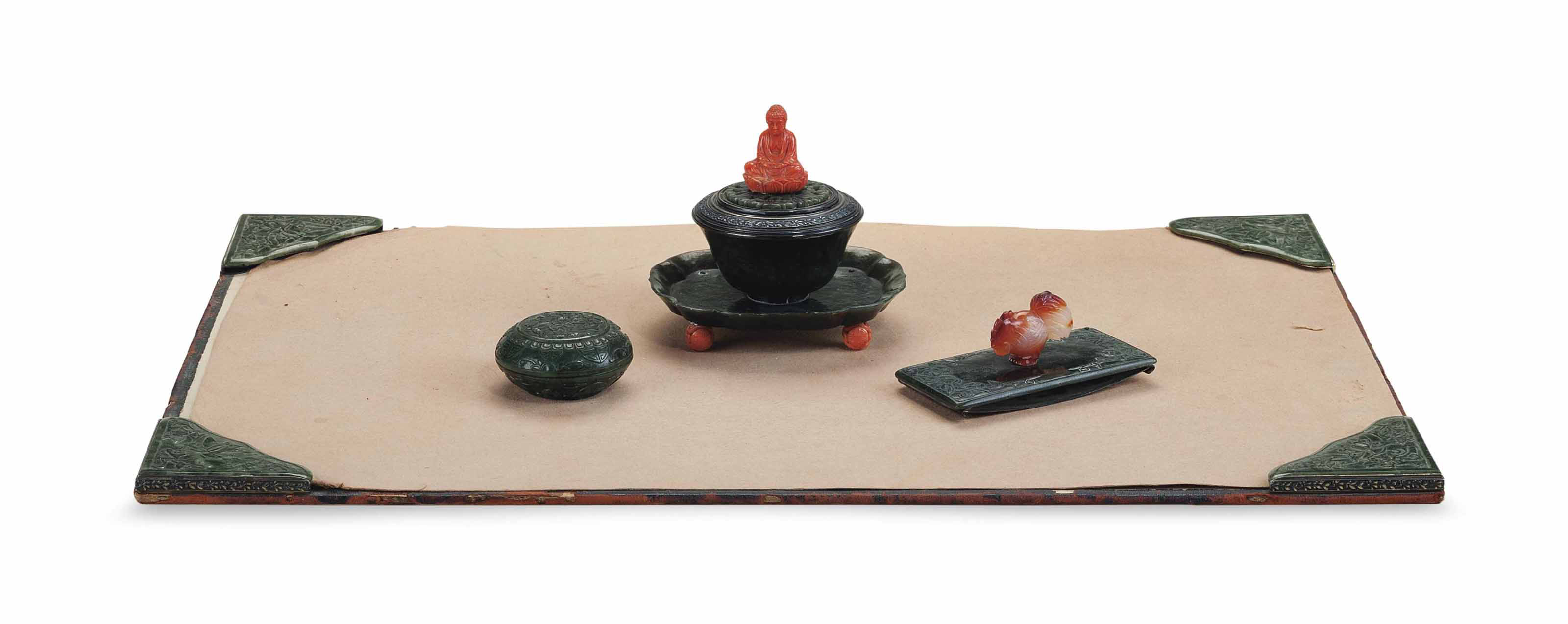 A SILVER-MOUNTED CHINESE SPINACH GREEN JADE DESK SET,