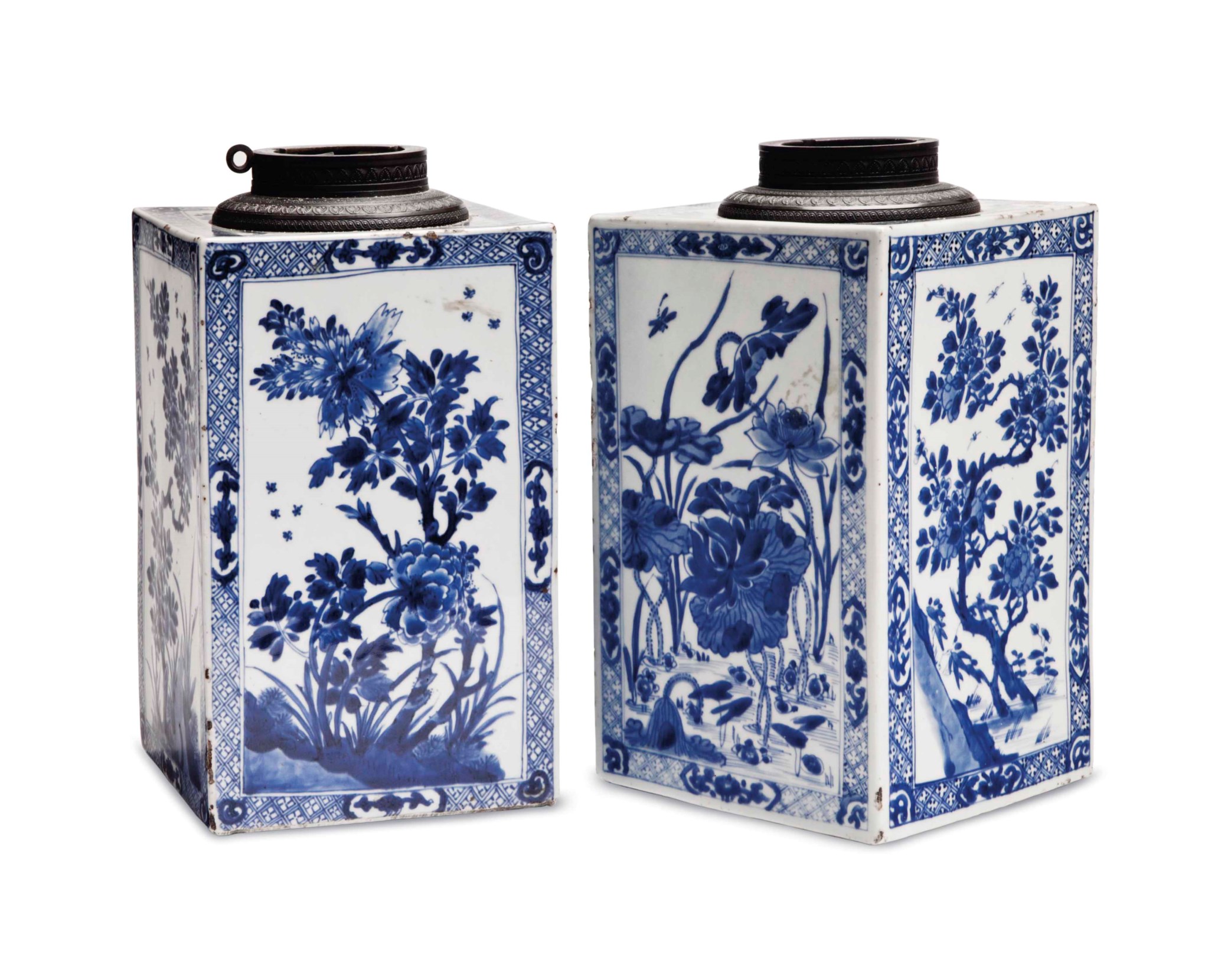 A PAIR OF CHINESE BLUE AND WHITE LARGE SQUARE PORCELAIN TEA CADDIES ...