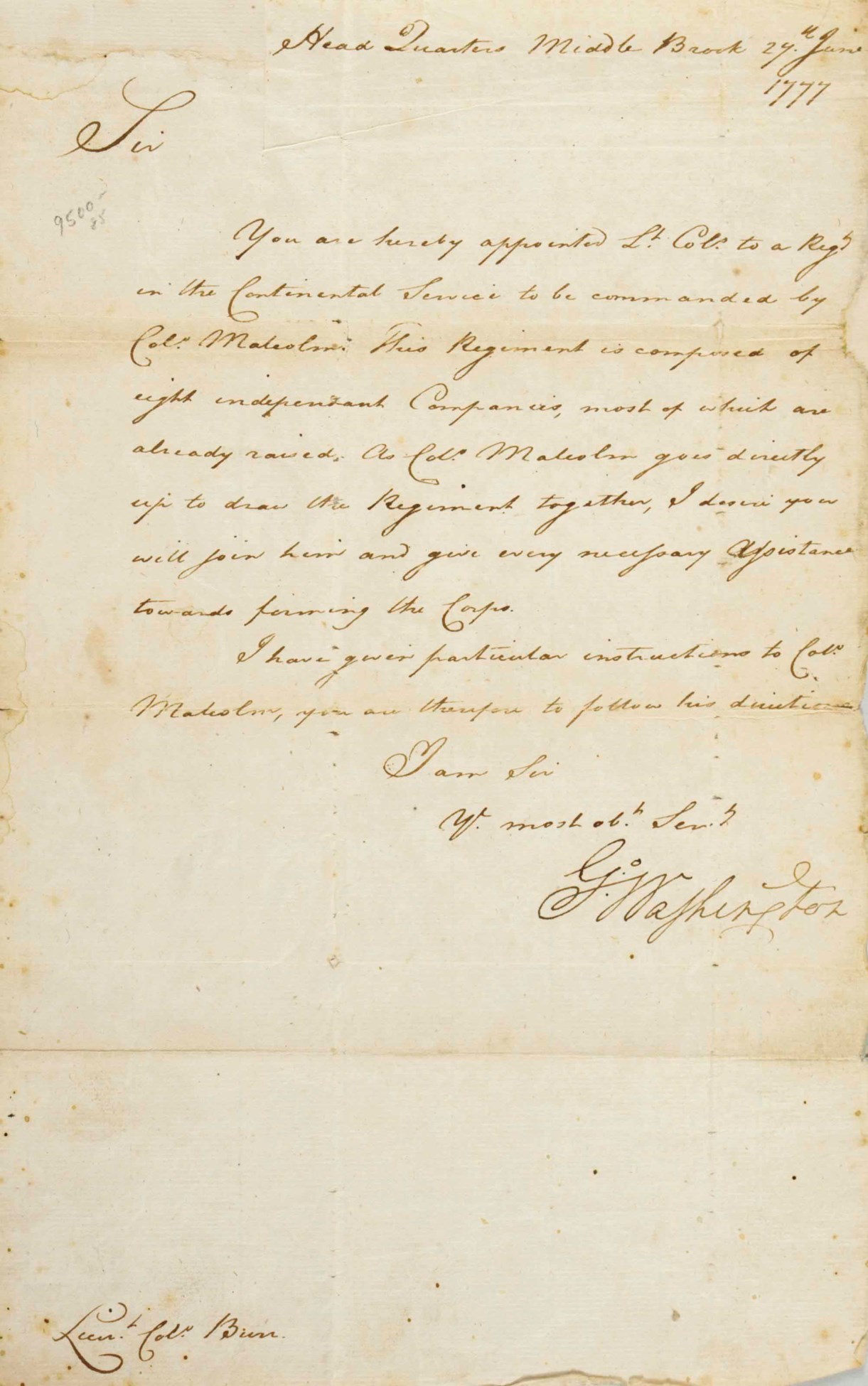 WASHINGTON, George (1732-1799). Letter signed ("G:o. Washington") TO LIEUTENANT COLONEL AARON ...