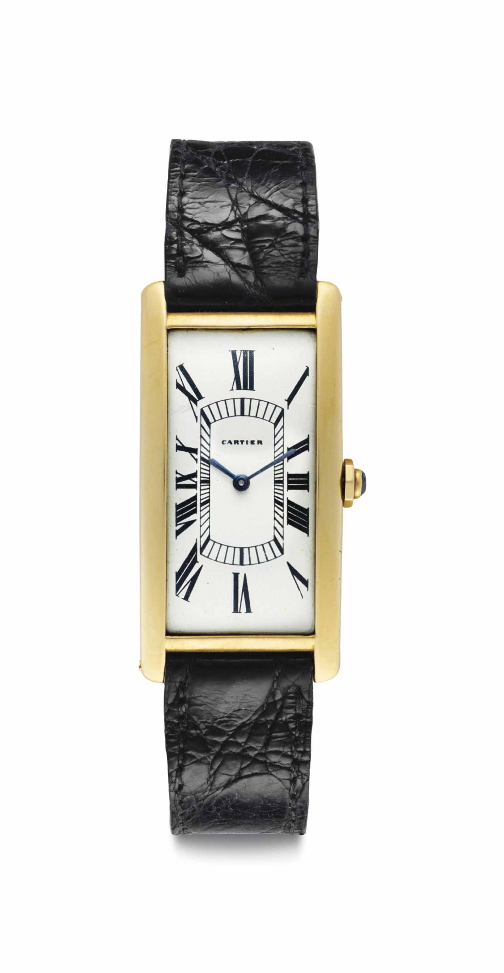 Cartier. A Fine 18k Gold Rectangular Curved Wristwatch