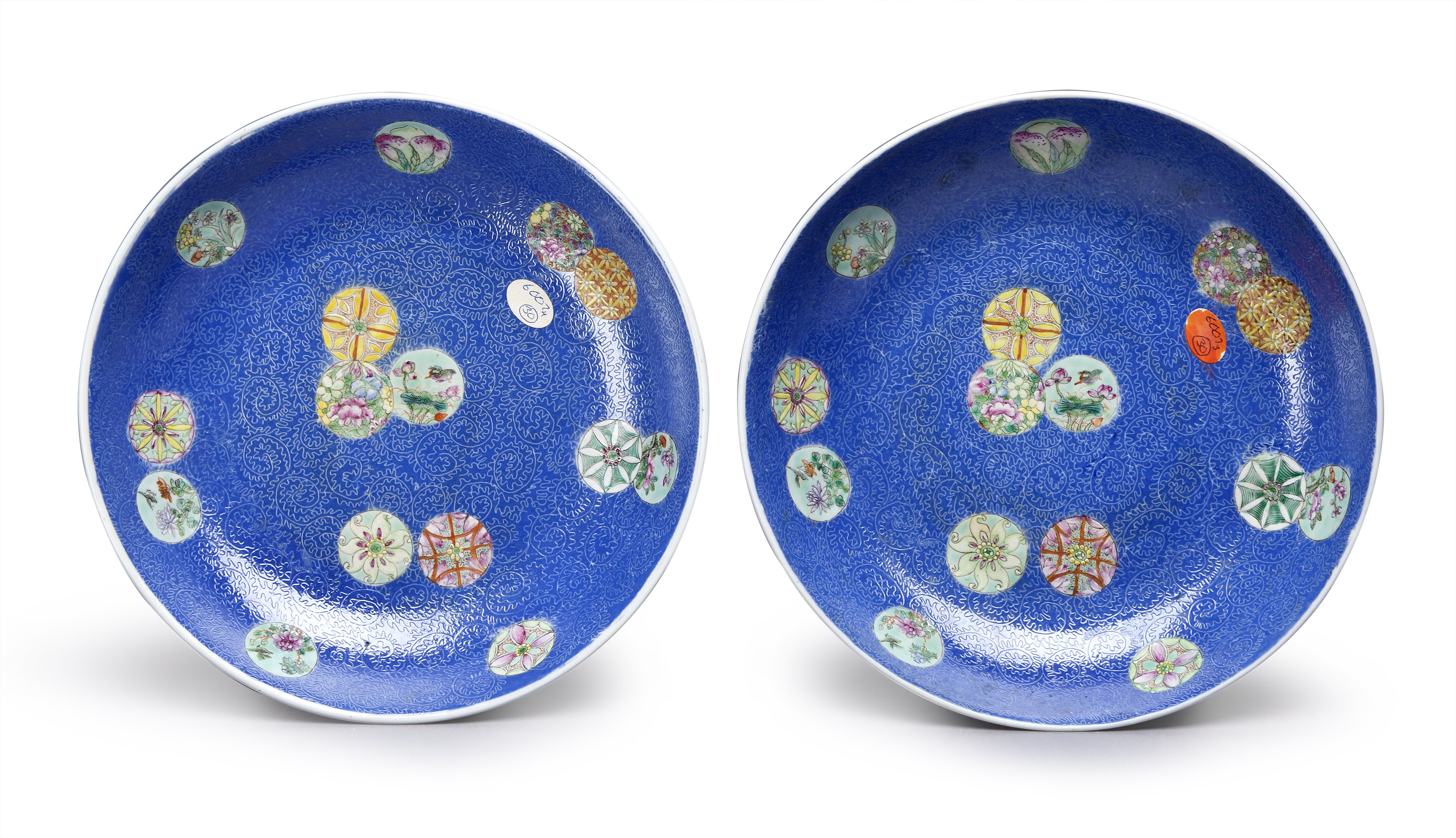 A PAIR OF FAMILLE ROSE BLUE-GROUND DISHES, GUANGXU SIX-CHARACTER MARKS IN UNDERGLAZE BLUE AND OF ...