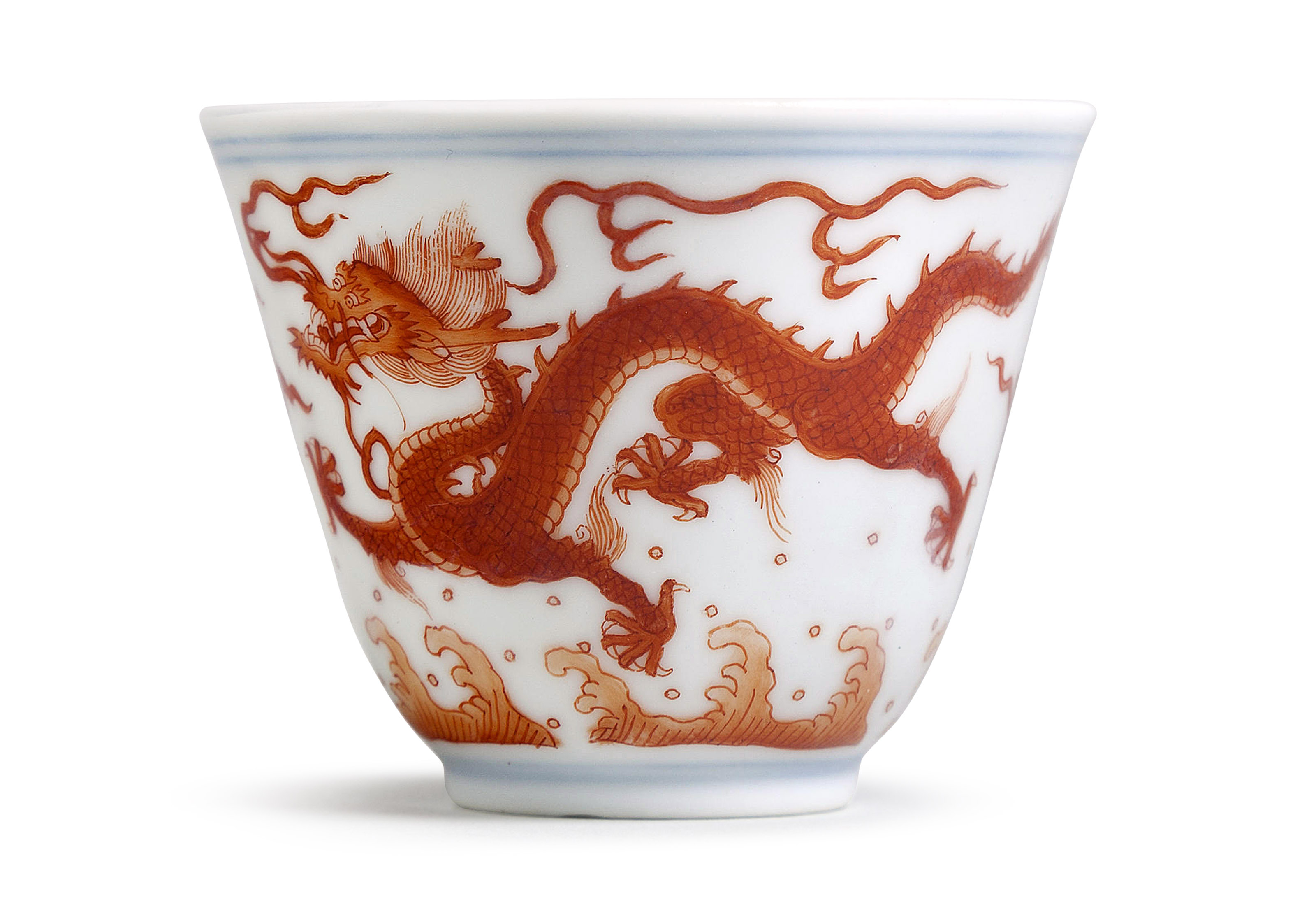 A SMALL IRON-RED-DECORATED 'DRAGON' CUP, QIANLONG SIX-CHARACTER SEAL ...