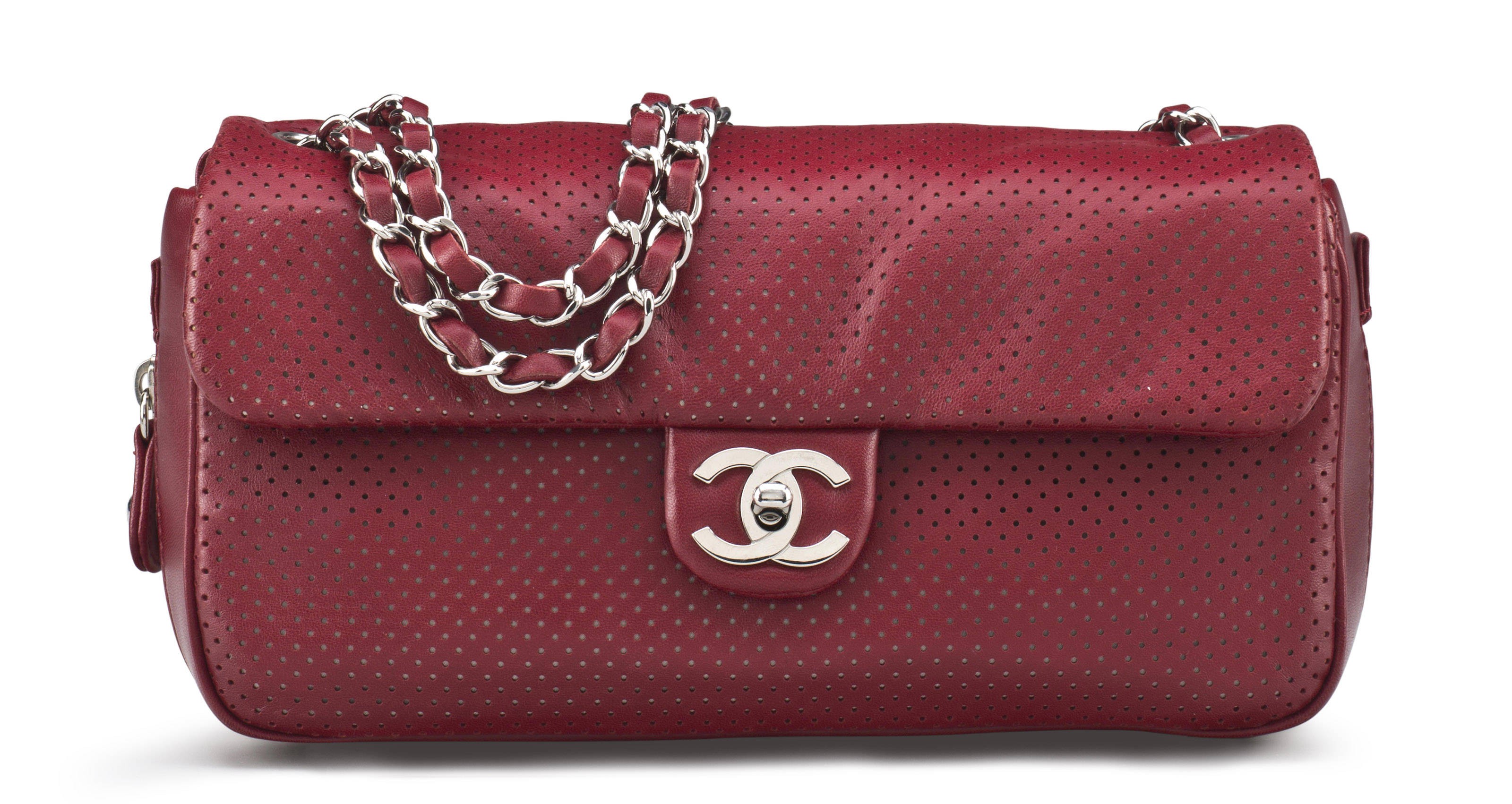A DARK RED PERFORATED LAMBSKIN LEATHER EXPANDABLE FLAP BAG, CHANEL ...