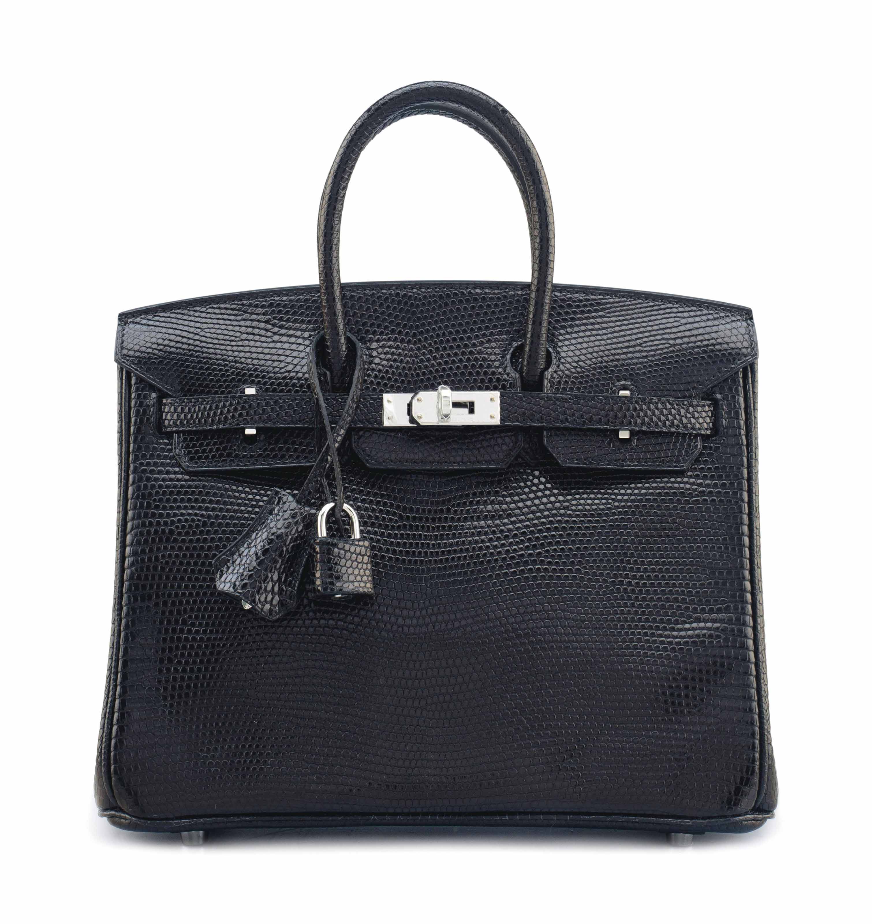 A 25CM SHINY BLACK LIZARD BIRKIN BAG WITH PALLADIUM HARDWARE