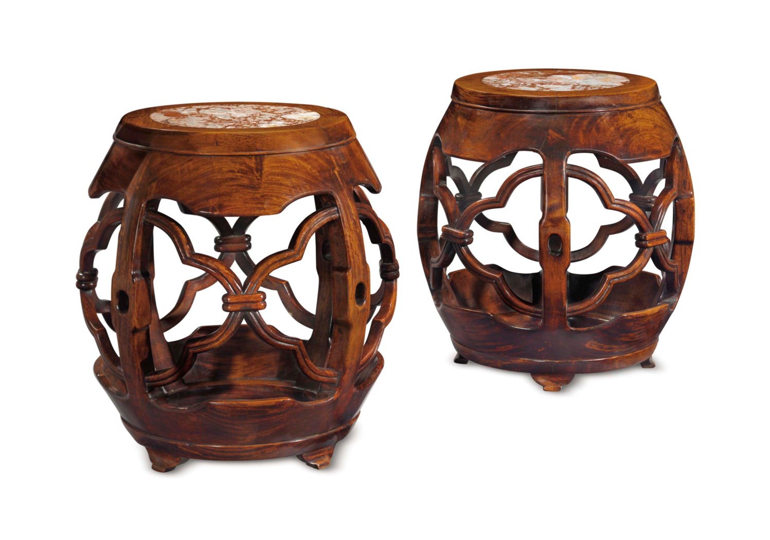 A PAIR OF MARBLE-INSET HONGMU BARREL-FORM DRUM STOOLS, CHINA, QING ...