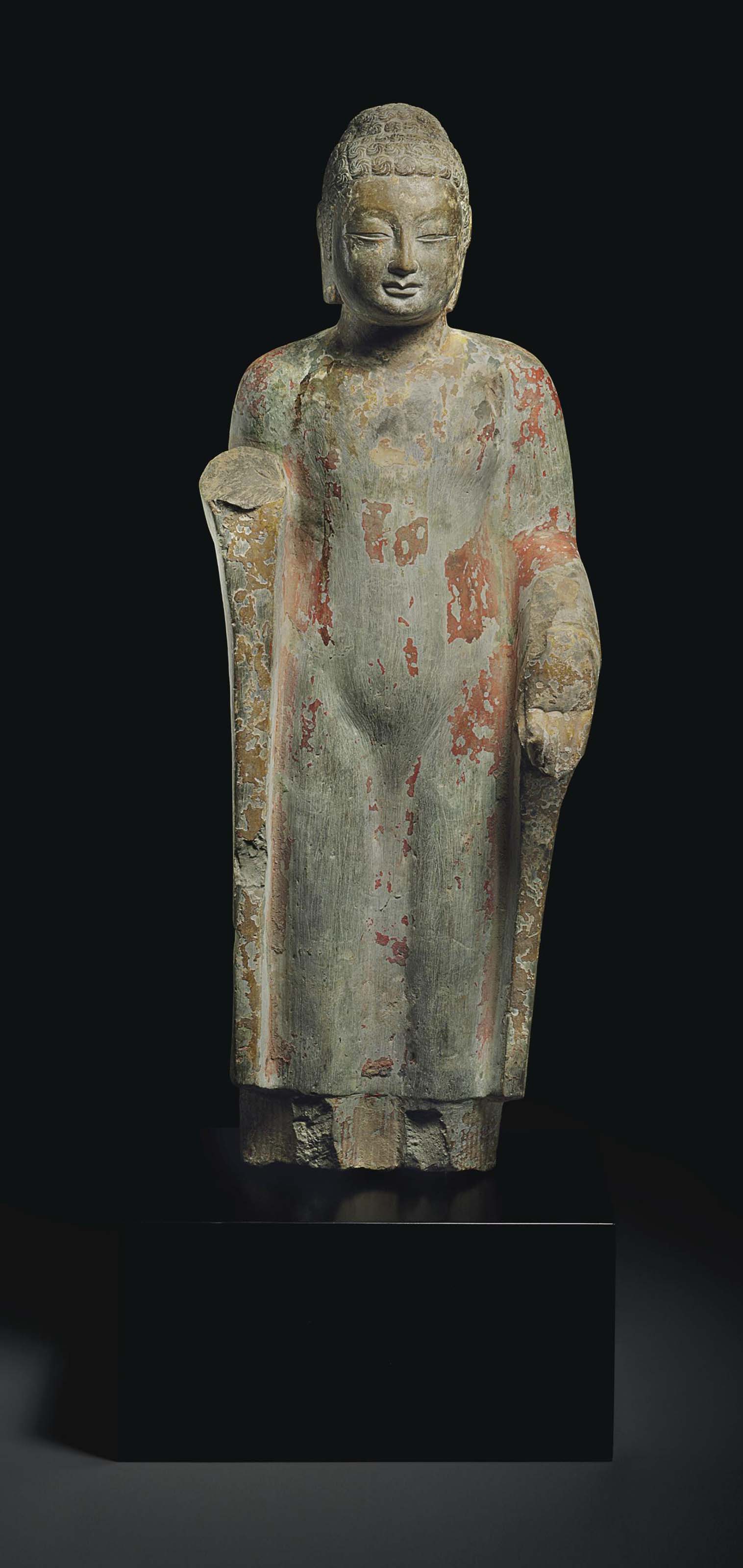 A POLYCHROME AND GILT-LIMESTONE FIGURE OF BUDDHA , CHINA, NORTHERN QI ...