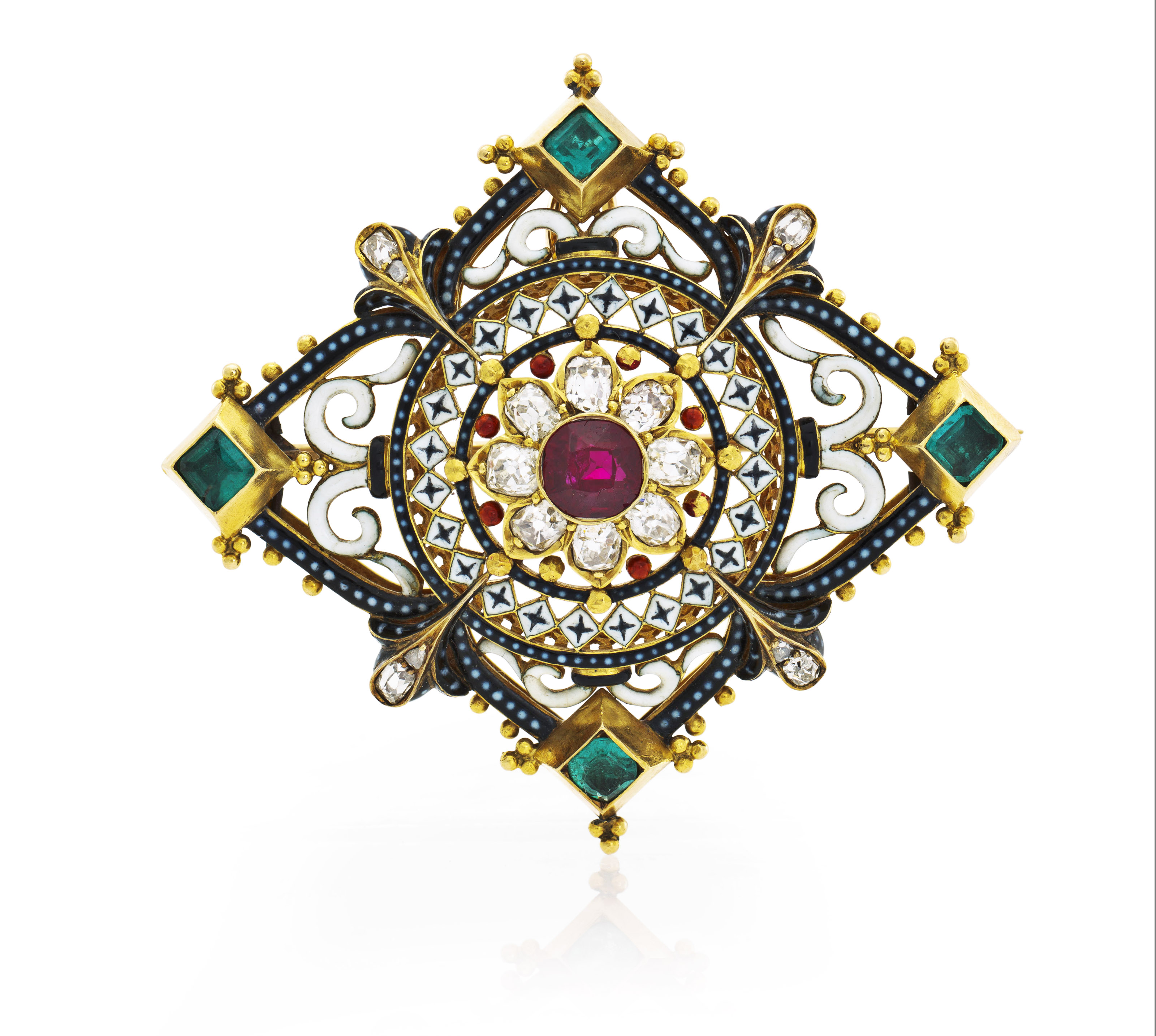 ANTIQUE RUBY, EMERALD, DIAMOND AND ENAMEL BROOCH, | Christie’s