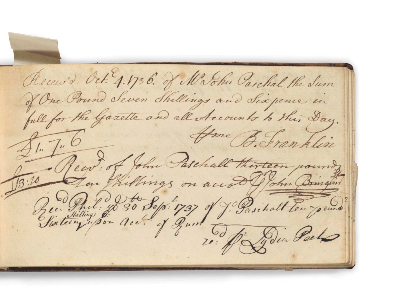 FRANKLIN, Benjamin. Manuscript account book of John Paschall (1706-1779 ...