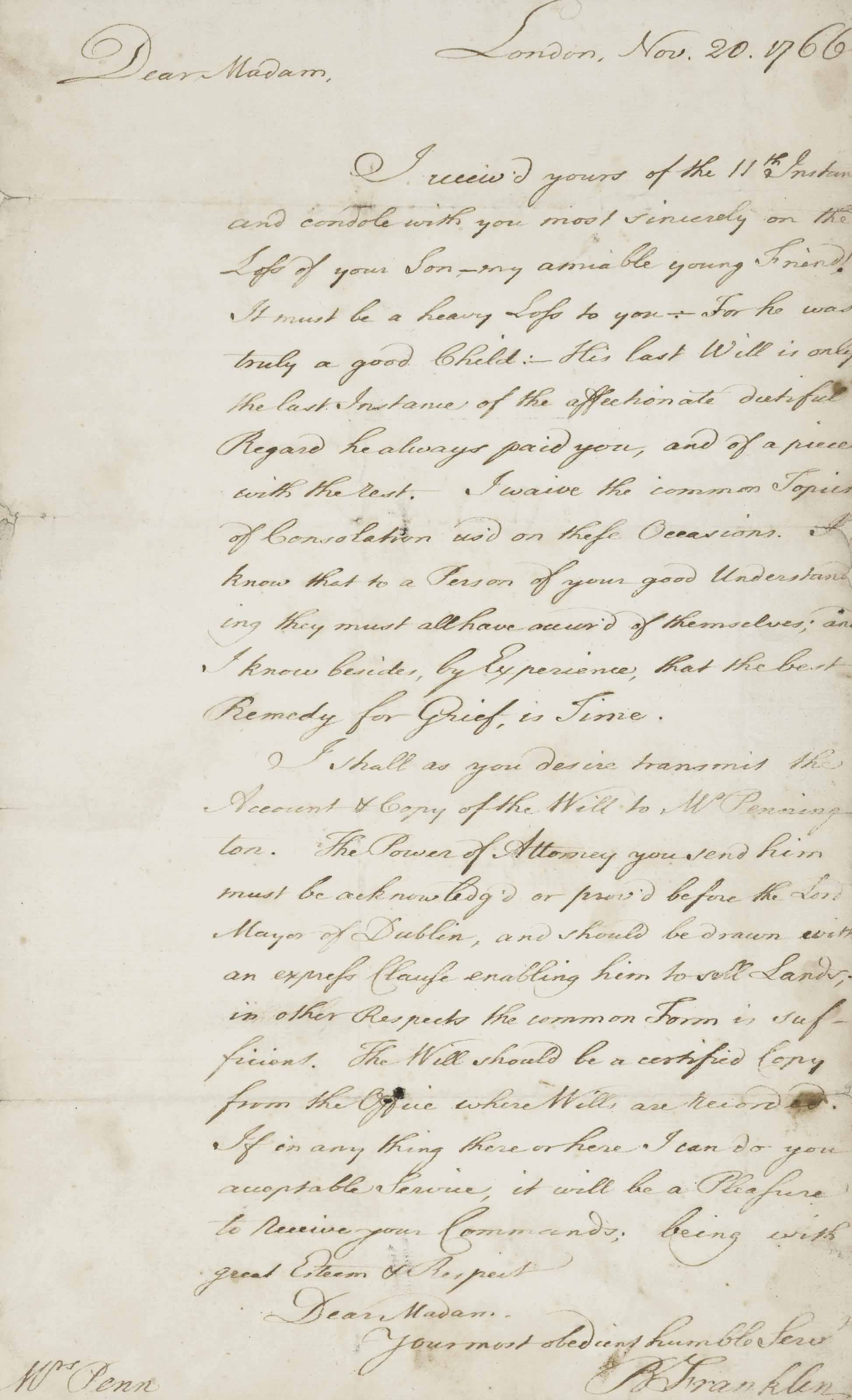 FRANKLIN, Benjamin. Autograph letter signed (“B Franklin”) to Mrs. Ann ...