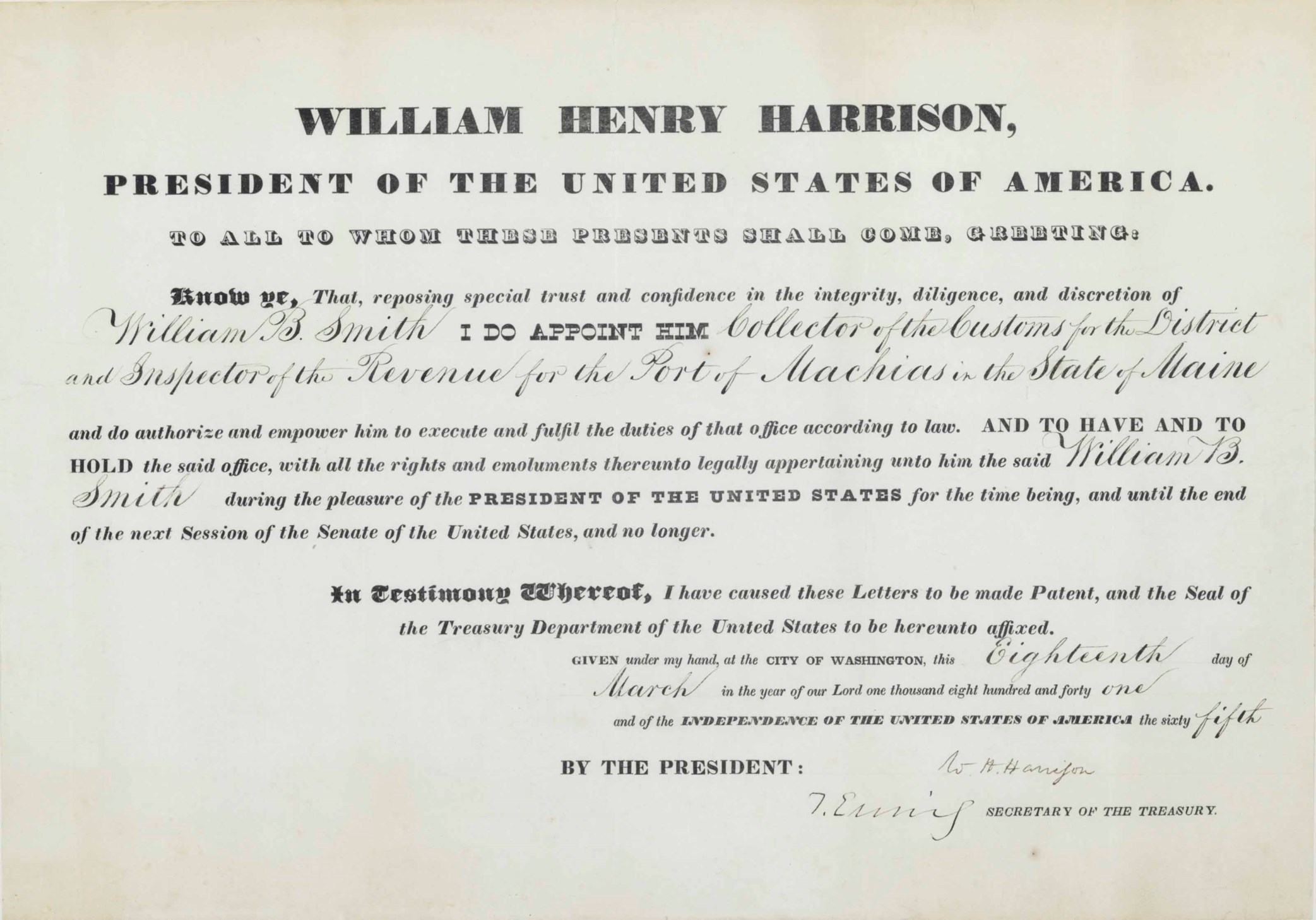HARRISON, William Henry. Document signed (“W. H. Harrison”), as ...