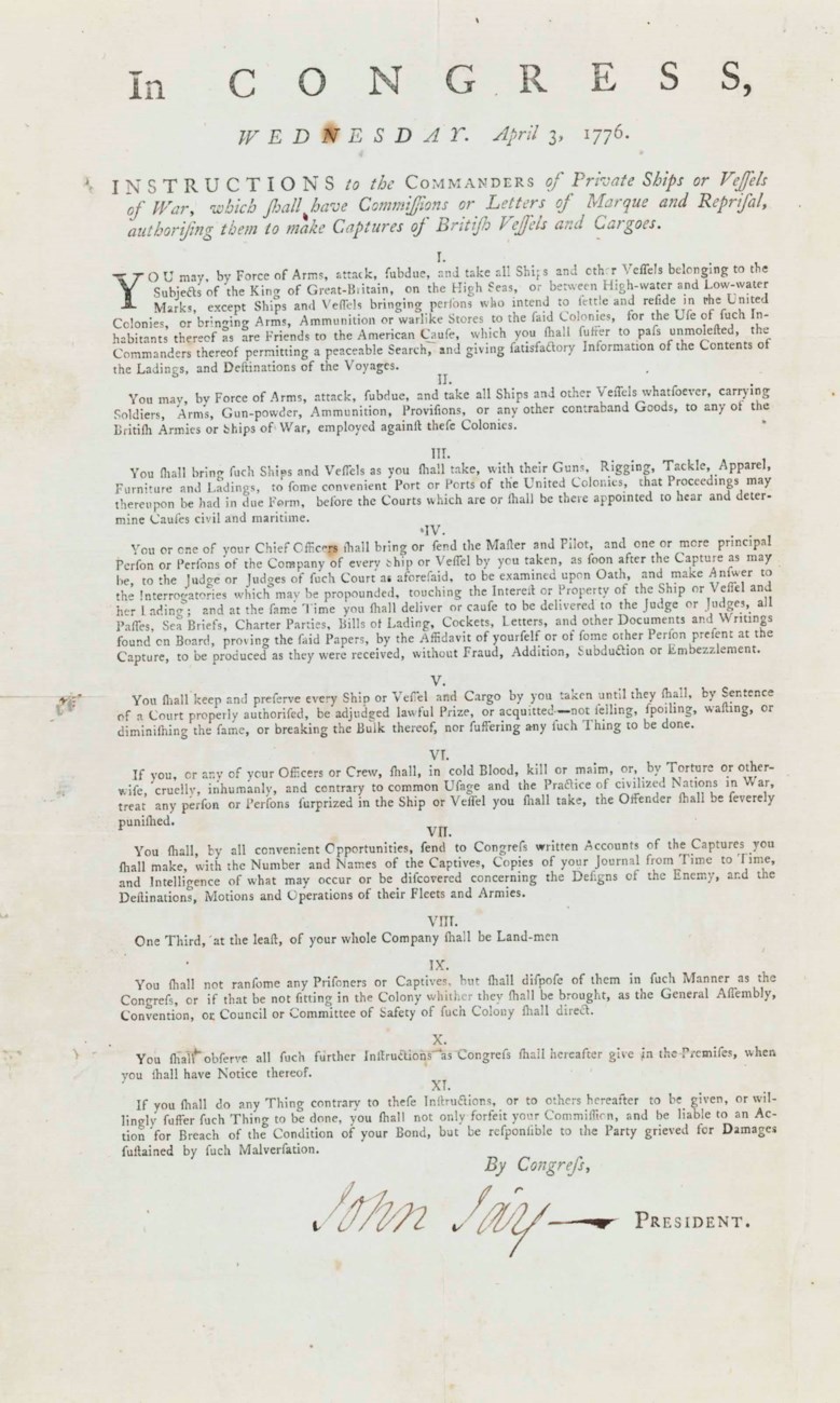 JAY, John (1745-1829). Document signed (“John Jay”), as President of ...