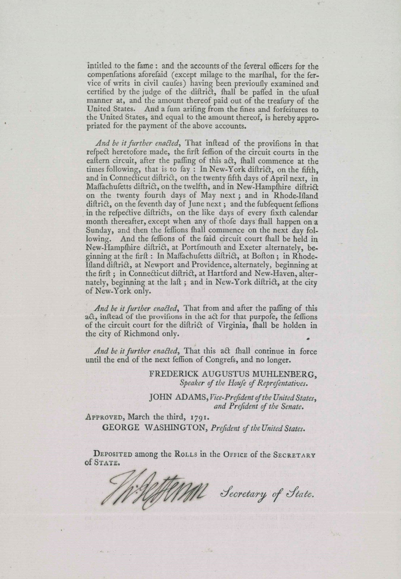 JEFFERSON, Thomas. Document signed (“Th: Jefferson”), as Secretary of ...