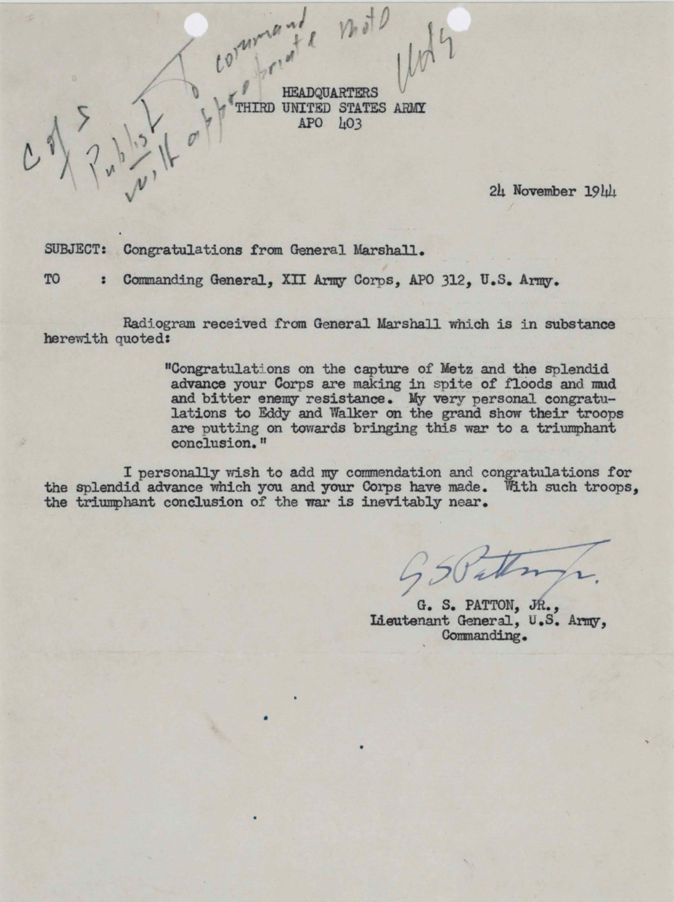 PATTON, George (1885-1945), U.S. General. Typed memorandum signed (“G ...