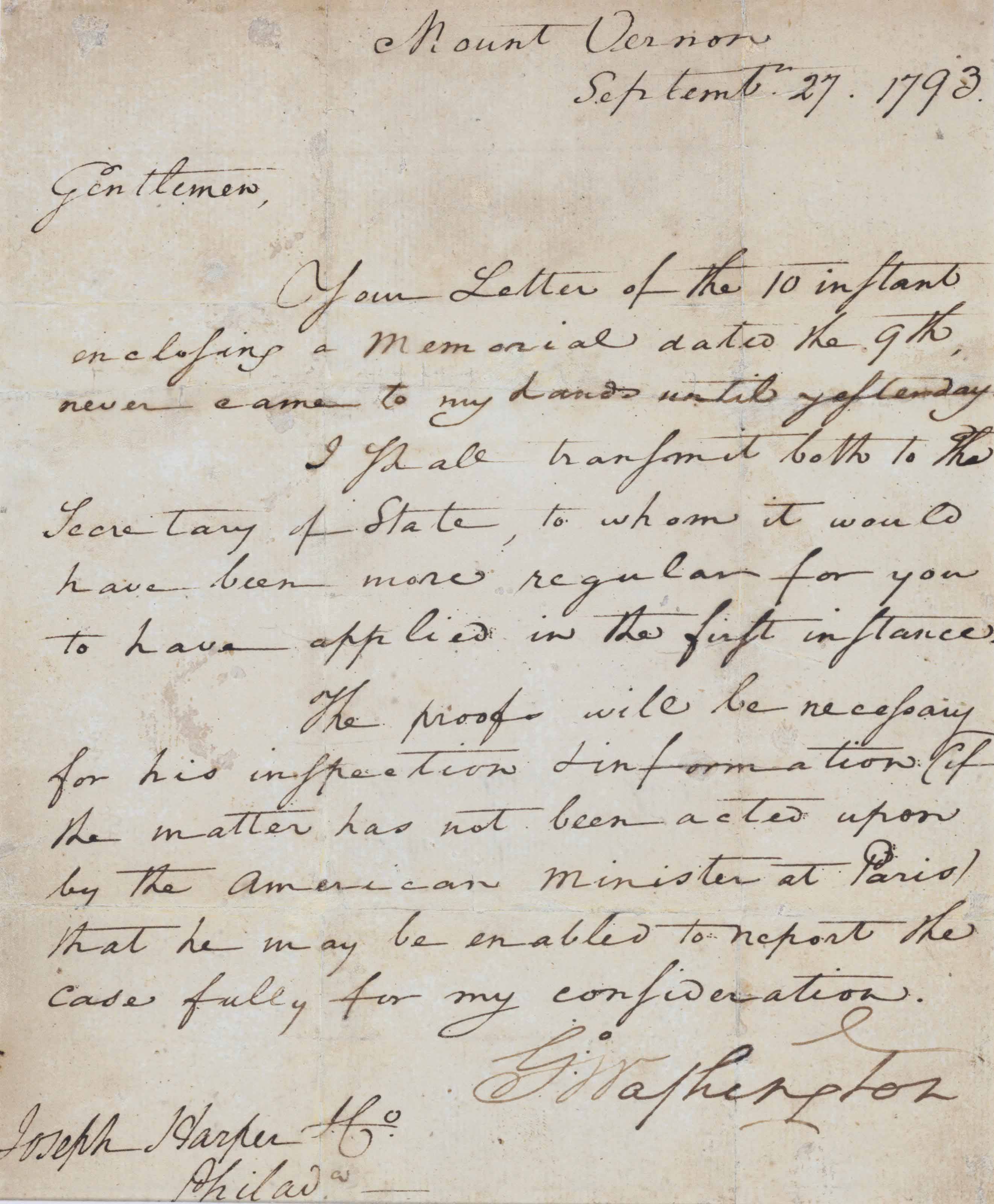 WASHINGTON, George. Letter signed (“G:o Washington”), as President, to ...