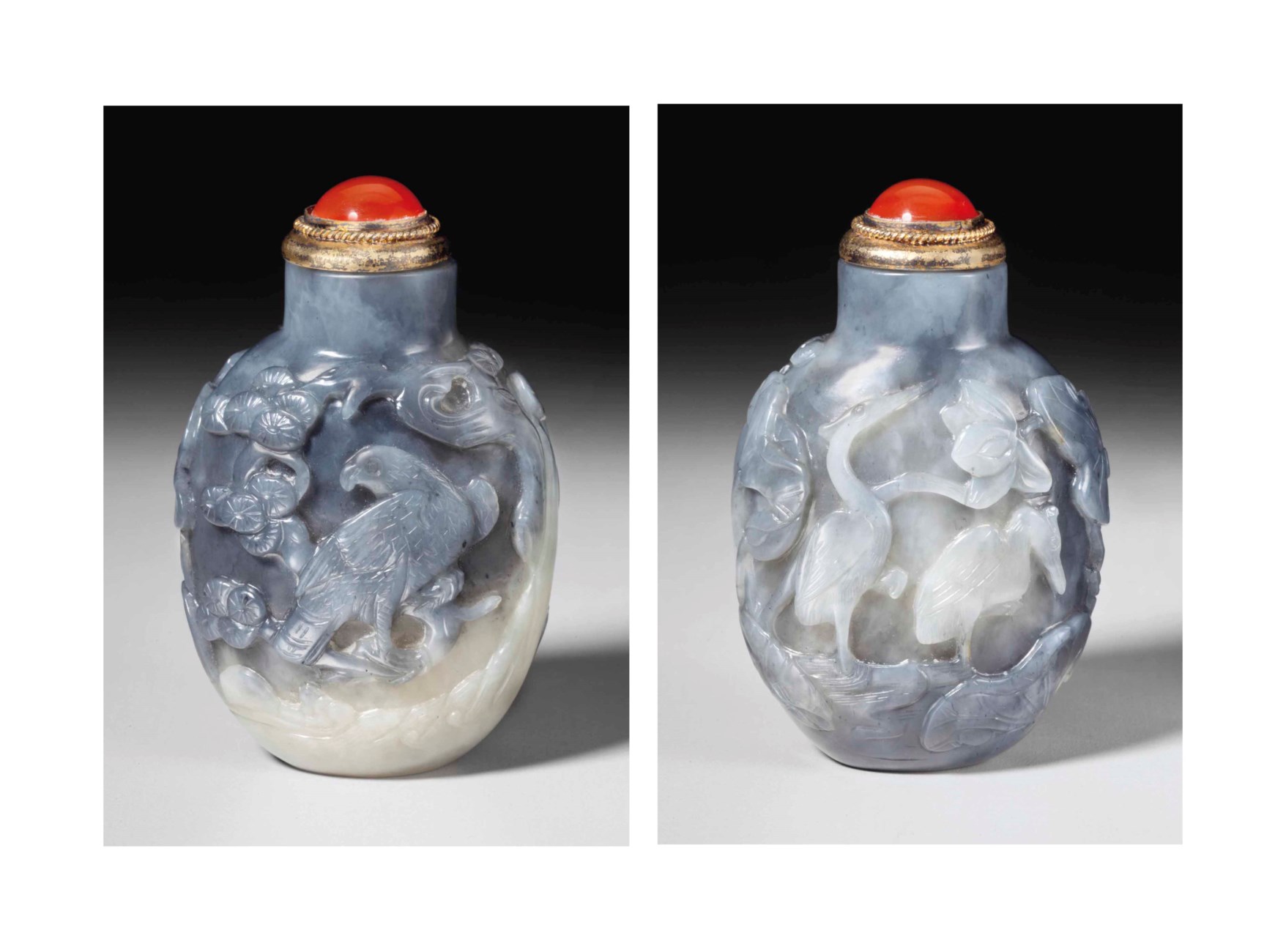 A WELL-CARVED GREY AND WHITE JADE SNUFF BOTTLE, 1750-1850 | Christie's