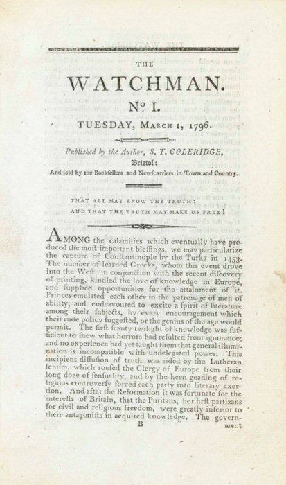 COLERIDGE, Samuel Taylor. The Watchman. Numbers I-X [All issued ...