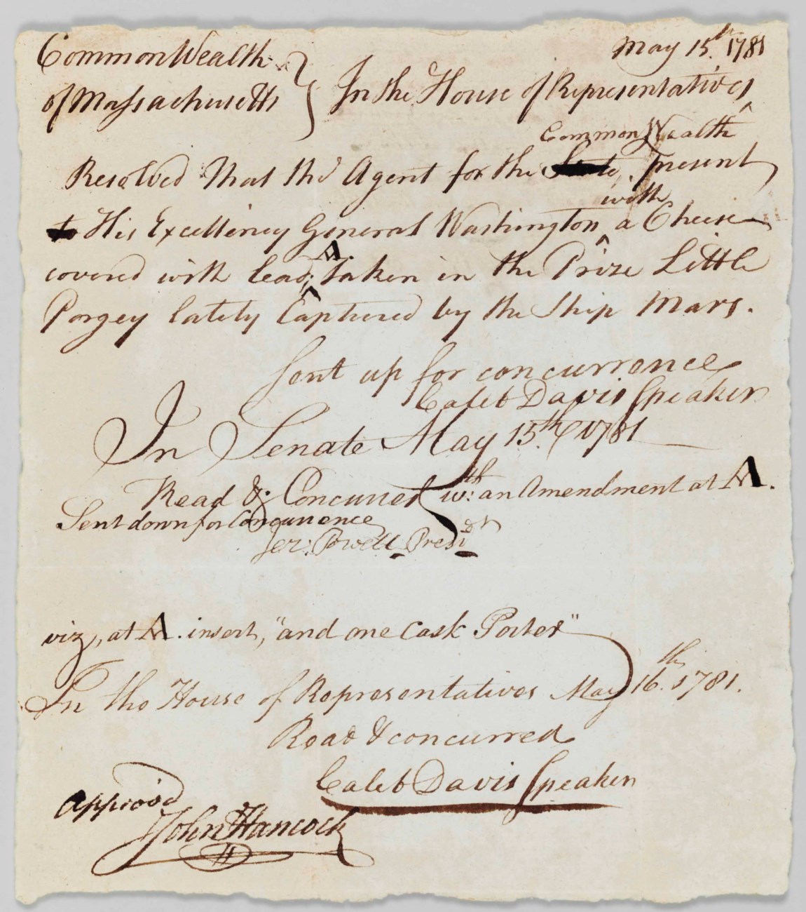 HANCOCK, John. Manuscript document signed (“John Hancock”), as Governor ...