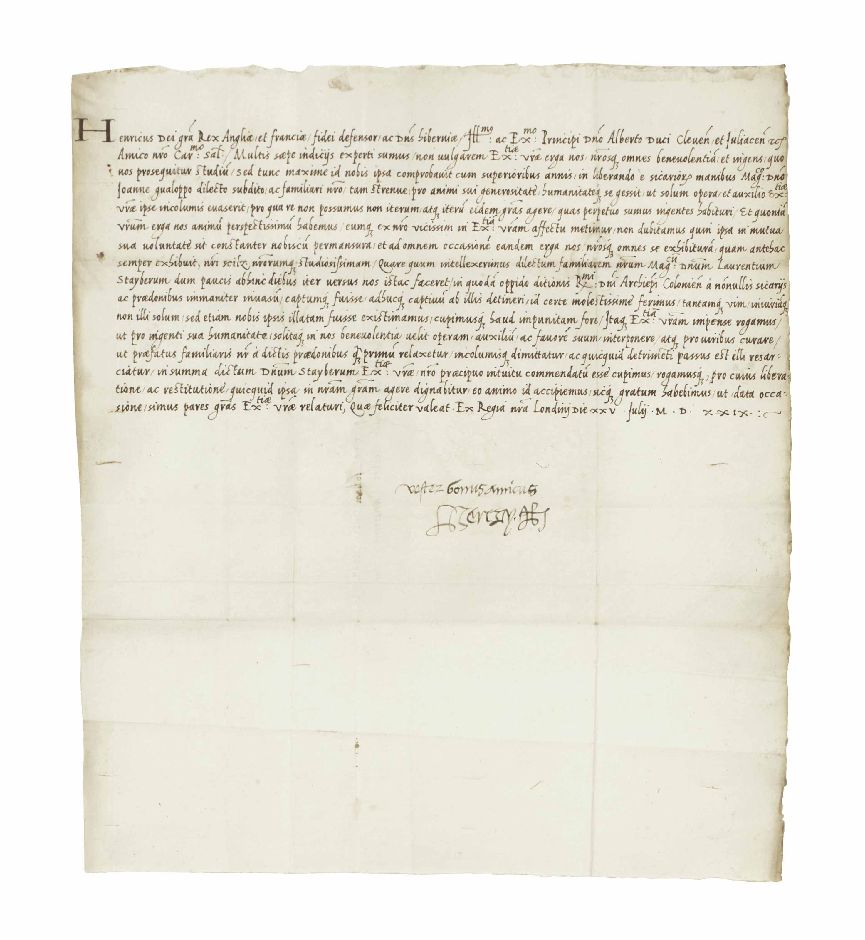 HENRY VIII. Letter signed (“Henry R.”), to Prince John, Duke of Cleves ...