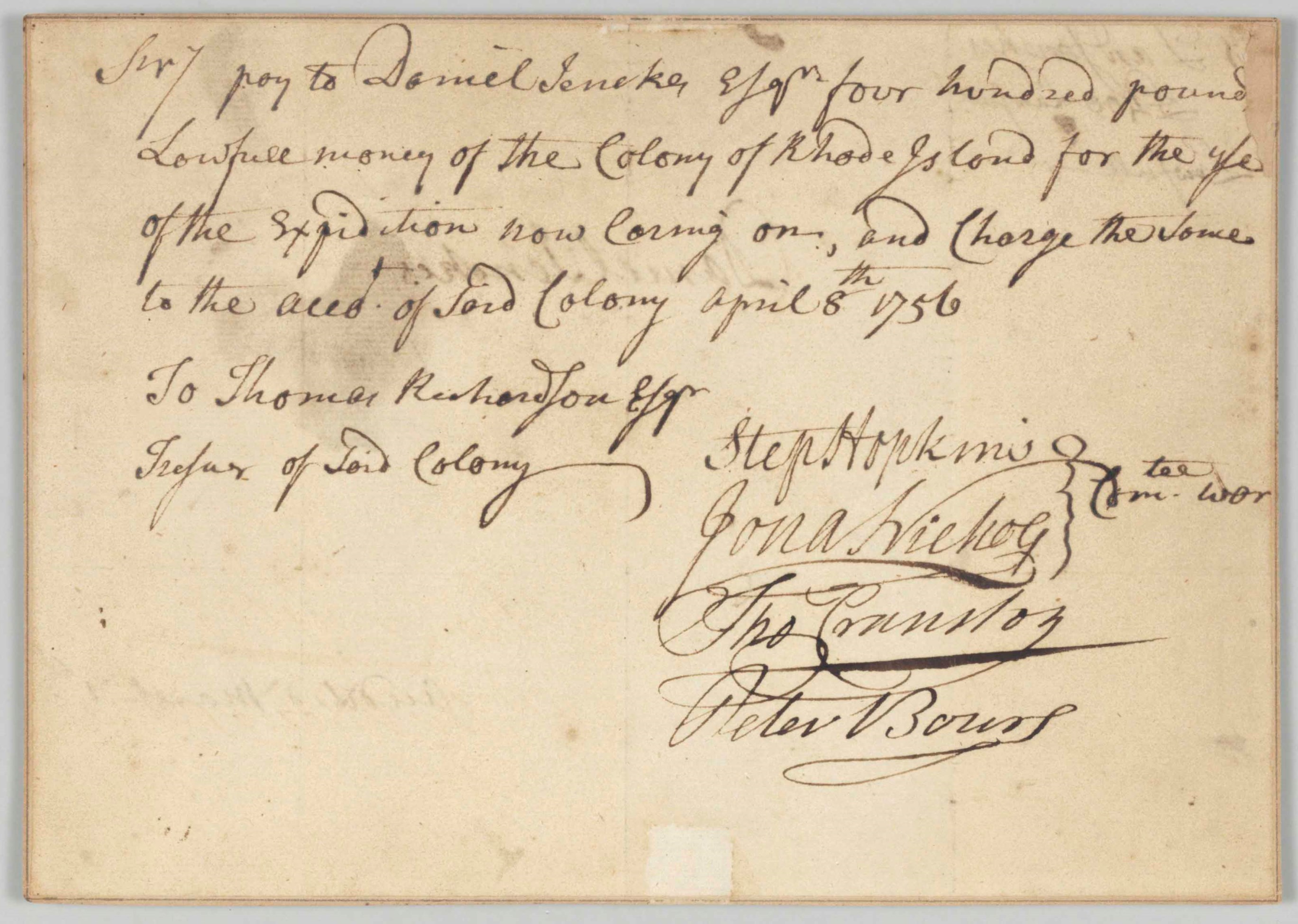 HOPKINS, Stephen (Signer, Rhode Island). Manuscript document signed ...