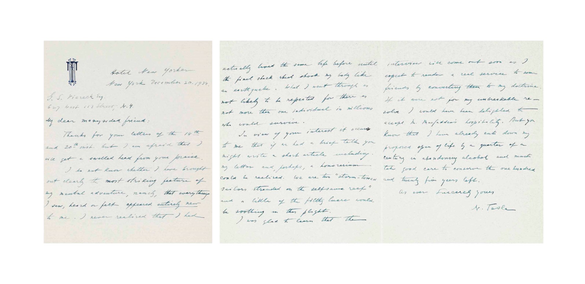 TESLA, Nikola (1856-1943), Inventor, scientist. Autograph letter signed ...